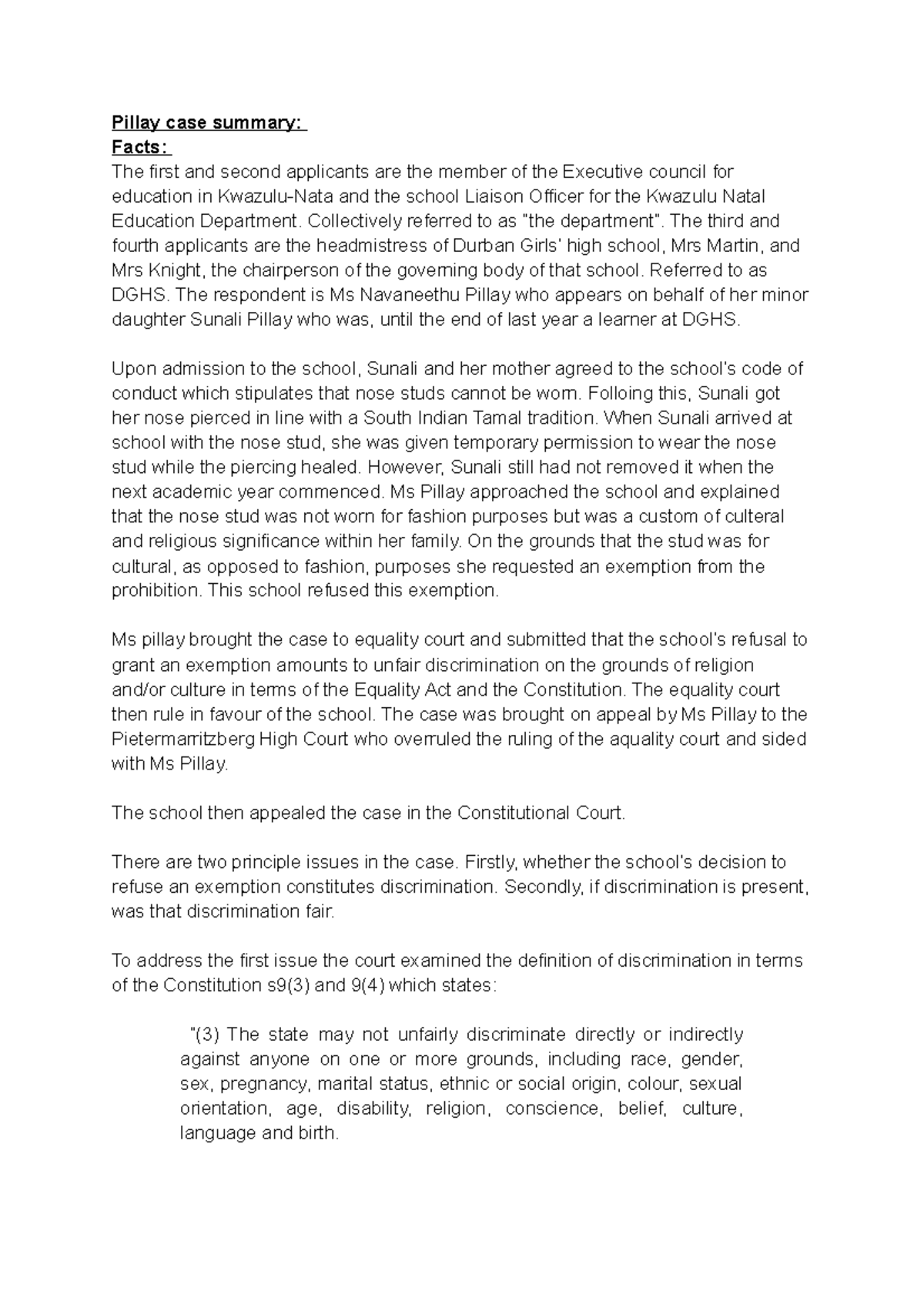 Pillay case summary intro to law WITS 23 shayna goldstein - Pillay case summary: Facts: The ...