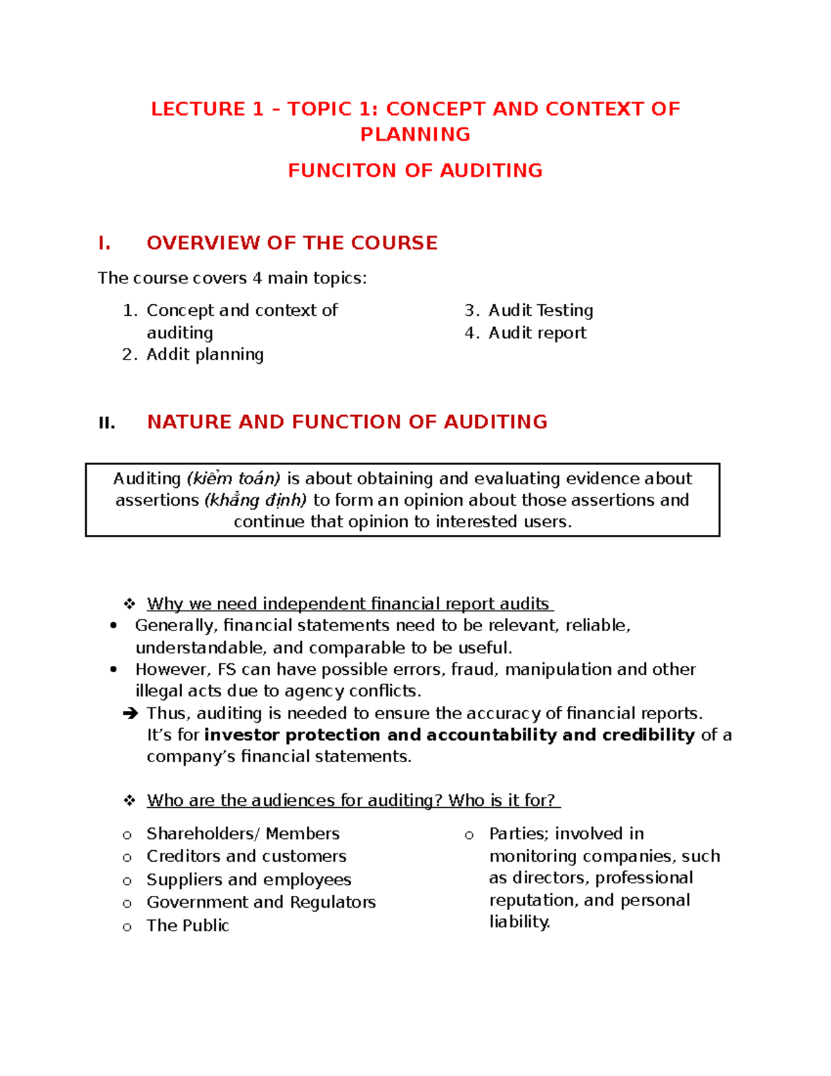 Lecture 1 Function of Auditing - LECTURE 1 – TOPIC 1: CONCEPT AND CONTEXT OF PLANNING FUNCITON ...