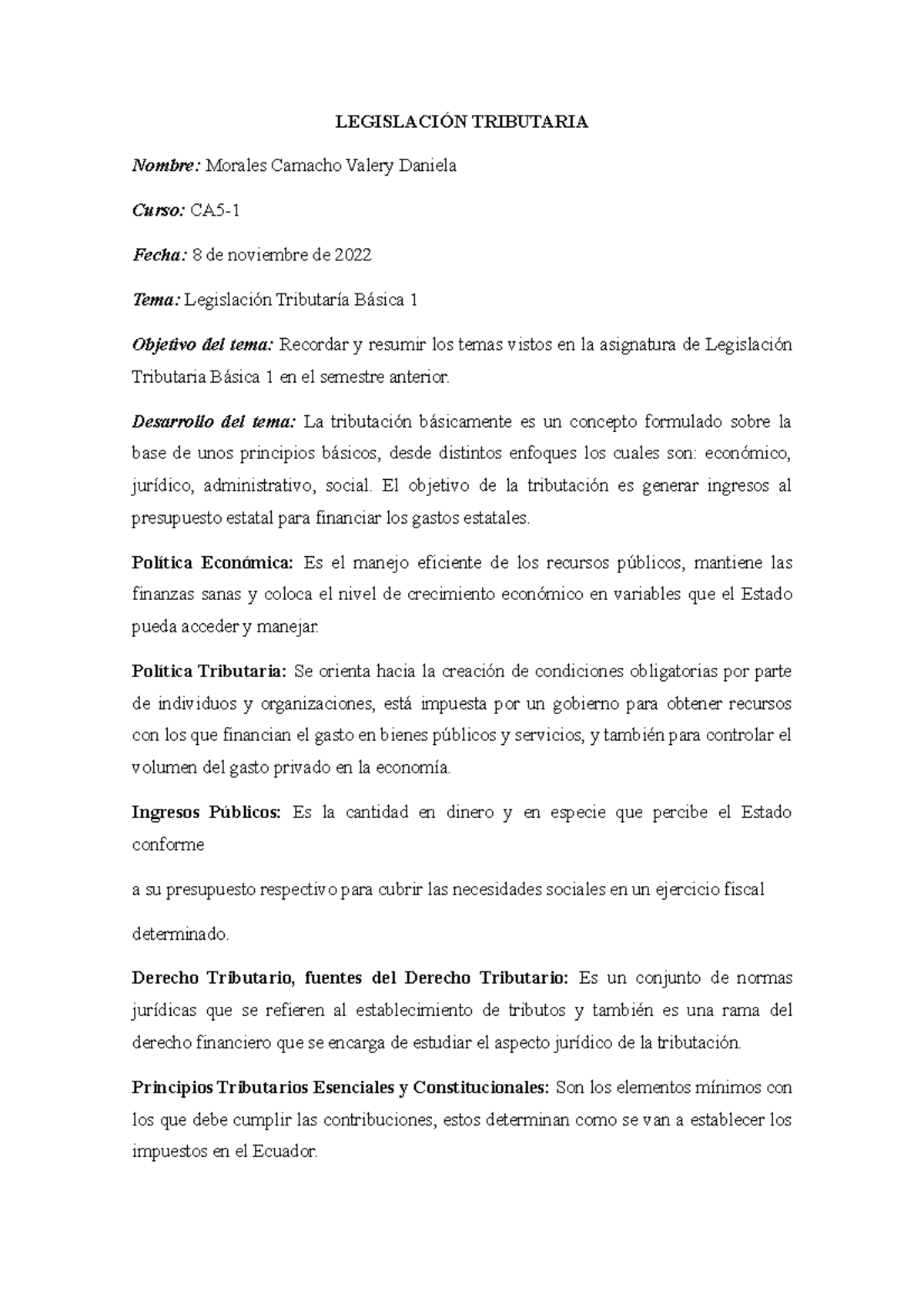 Legislación Tributaria Resumen - LEGISLACIÓN TRIBUTARIA Nombre: Morales ...