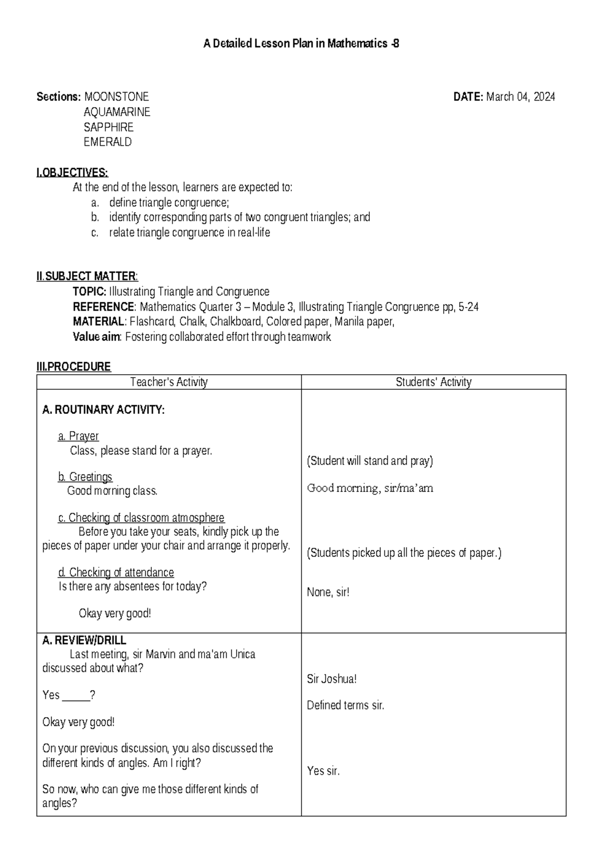A Detailed Lesson Plan in Mathematics 8 - define triangle congruence; b ...