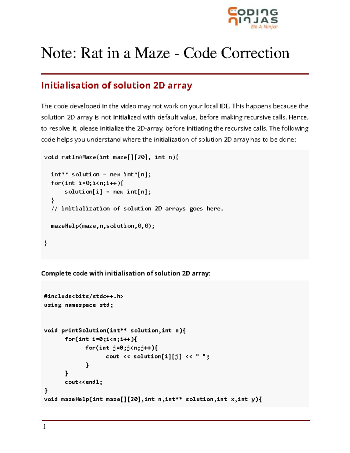 0000000000000495 - Note: Rat in a Maze - Code Correction Initialisation ...