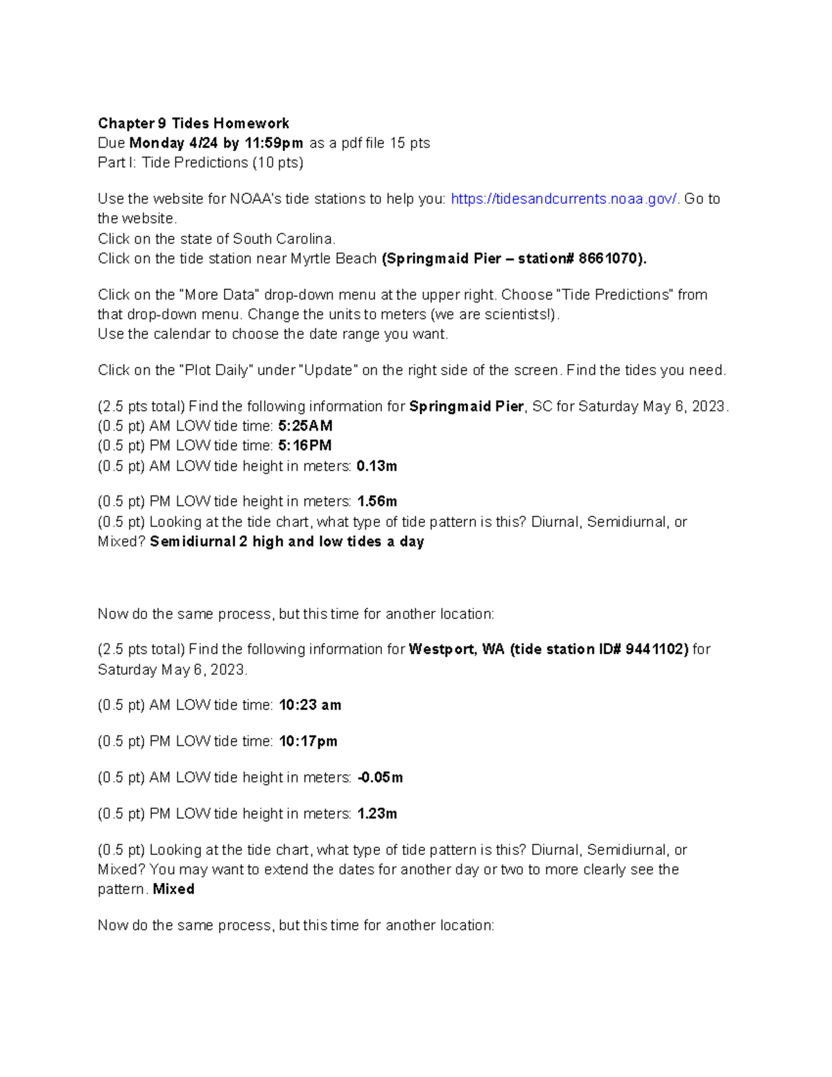 Chapter 9 Tides Homework - Chapter 9 Tides Homework Due Monday 4/24 by 11:59pm as a pdf file 15 ...