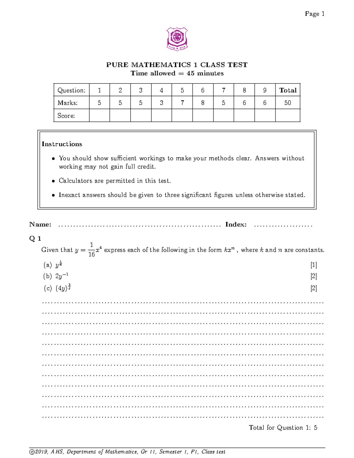P1 class test 2019 QP - revision - PURE MATHEMATICS 1 CLASS TEST Time ...