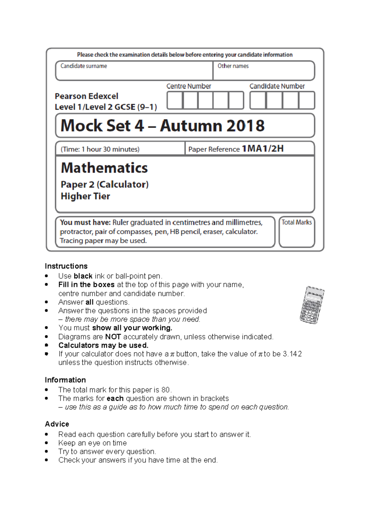09b GCSE (9-1) Mathematics Mock Set 4 Paper 2H (Word) - Instructions ...