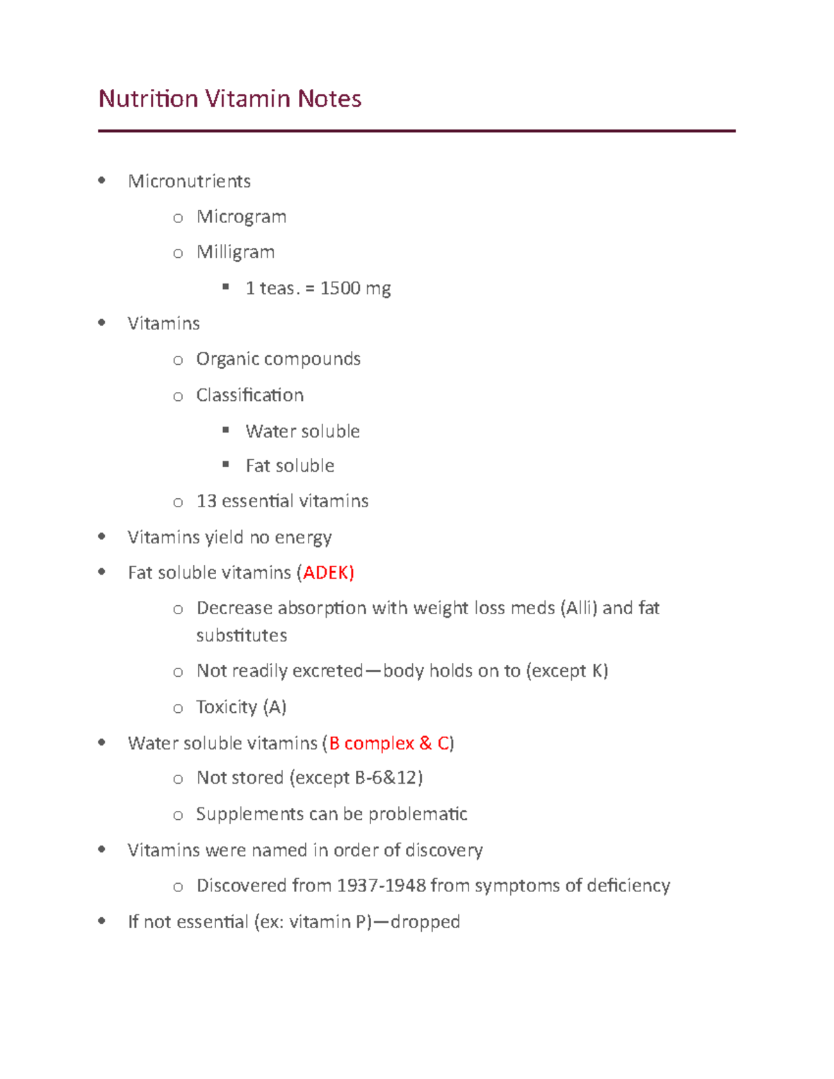 Nutrition Vitamin Notes - = 1500 mg Vitamins o Organic compounds o ...