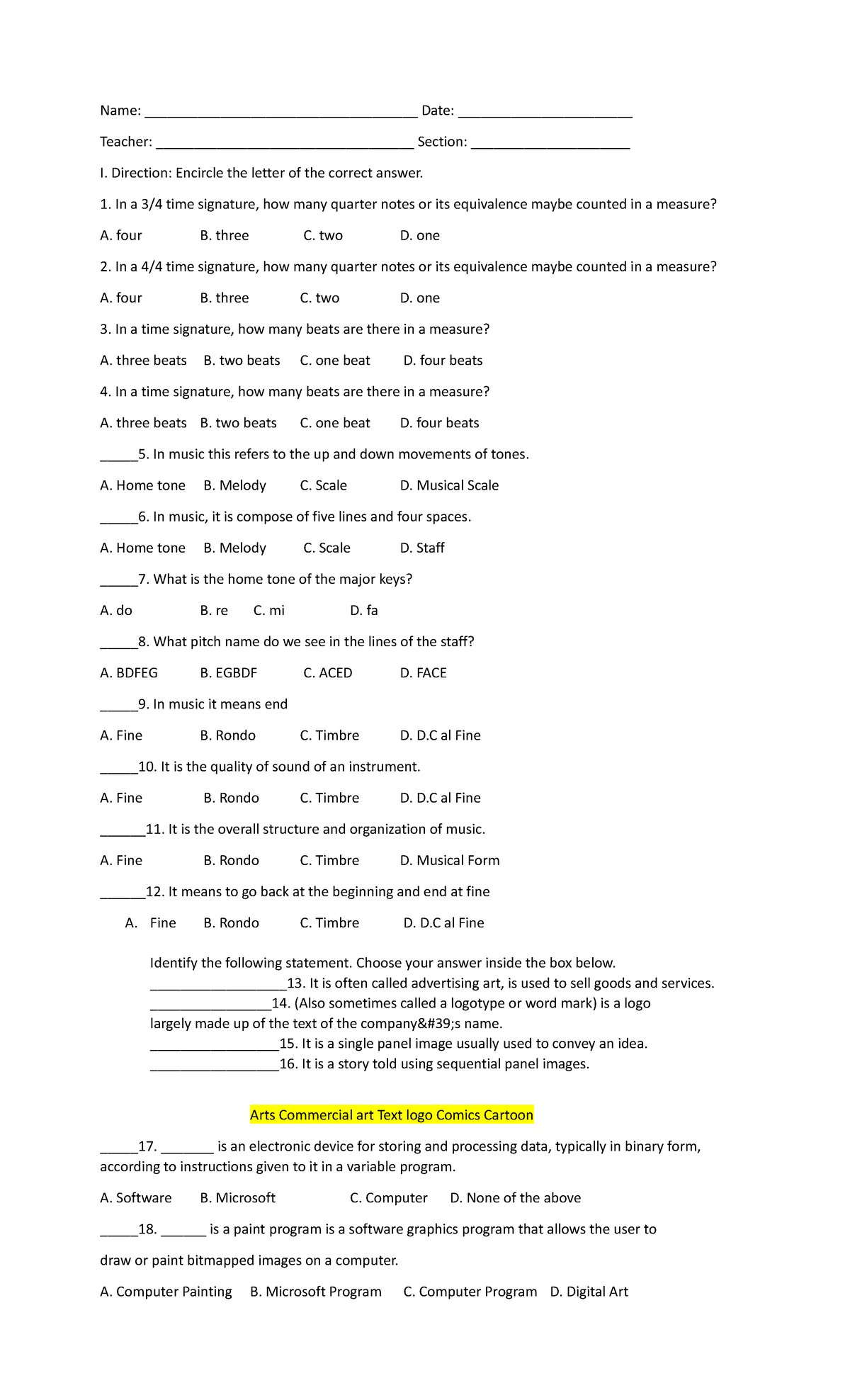 Diagnostic - Name: ____________________________________ Date: _______________________ Teacher ...