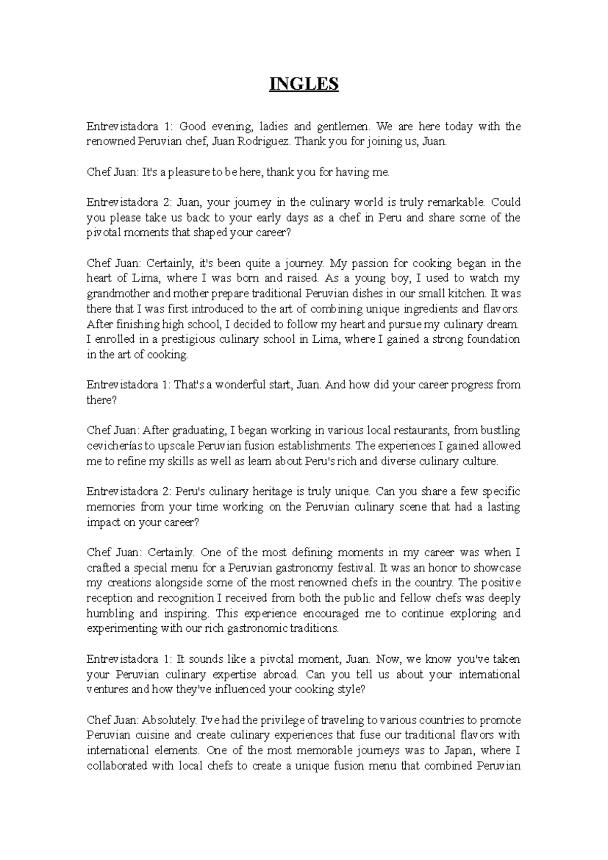 Ingles - asdasdasdas - INGLES Entrevistadora 1: Good evening, ladies ...