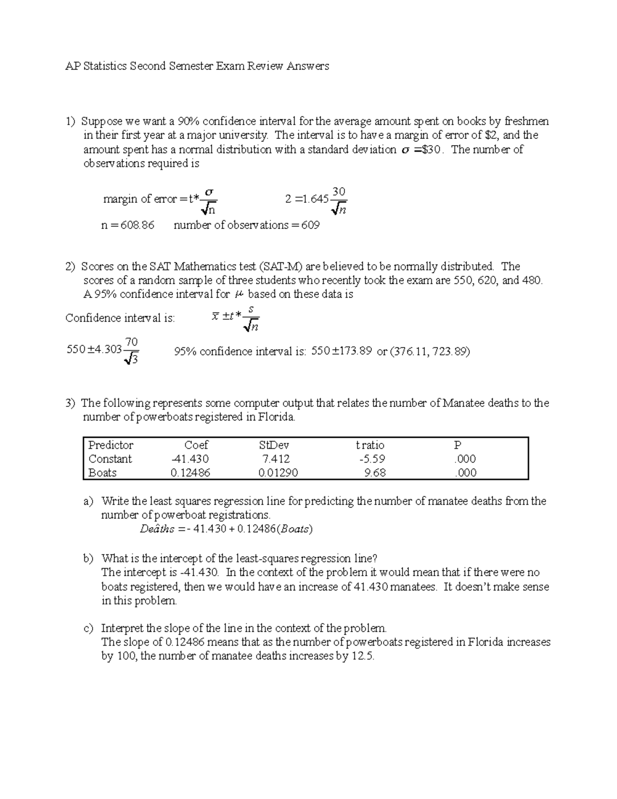 Finalexampracticequestions - AP Statistics Second Semester Exam Review ...