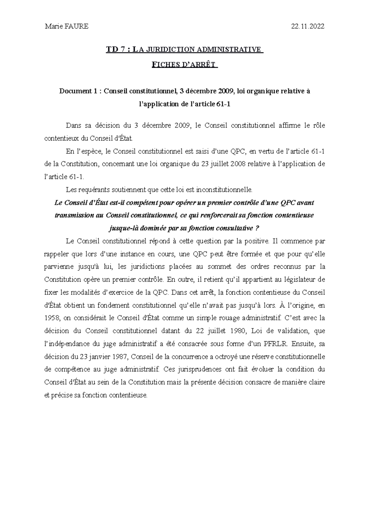 TD 7 - Fiches d'arrêt - Marie FAURE 22. TD 7 : LA JURIDICTION ADMINISTRATIVE FICHES D’ARRÊT ...