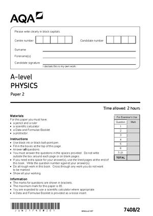 Physics a level paper 1 2021 ms - A-level PHYSICS 7408/ Paper 1 Mark ...