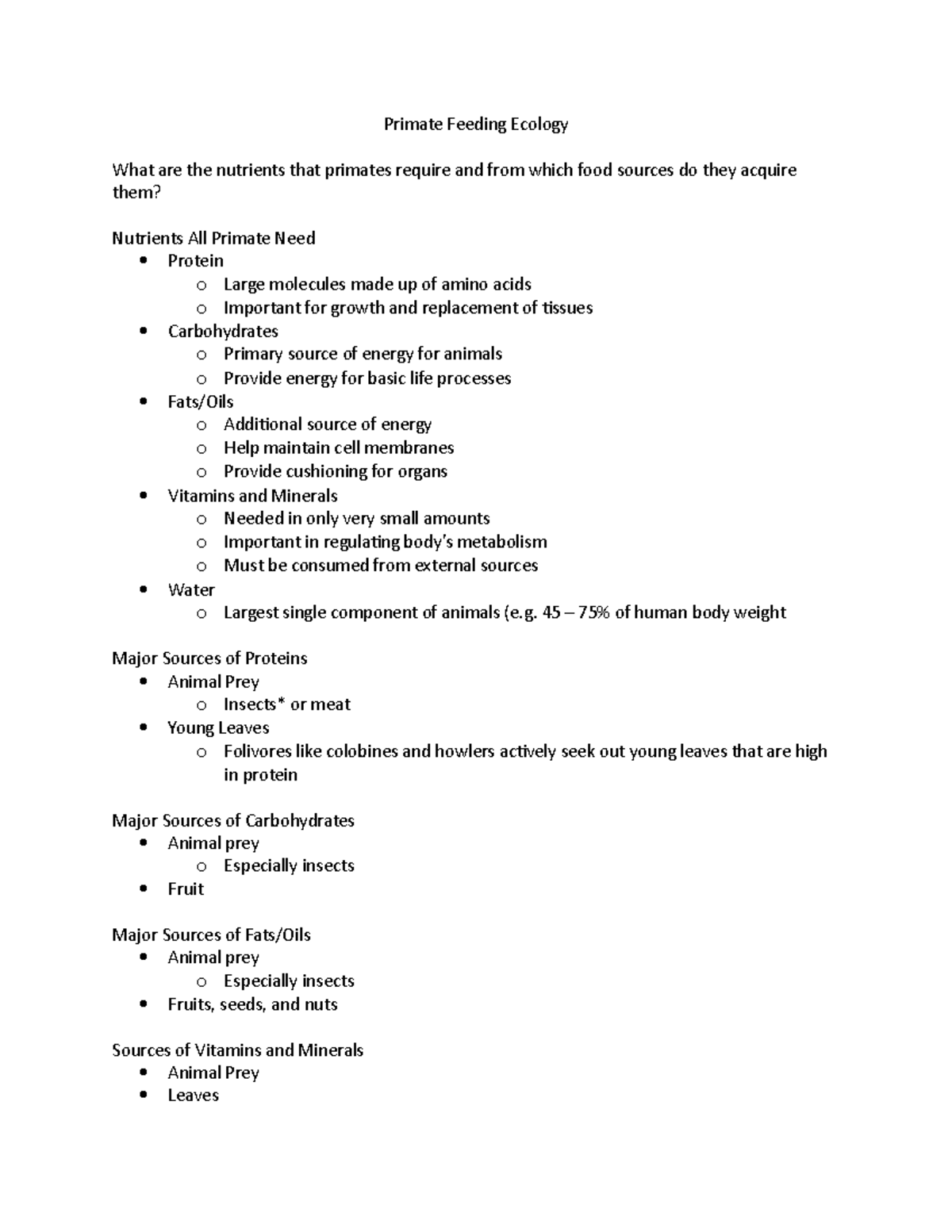 Lecture #5 - Primate Feeding Ecology What are the nutrients that ...