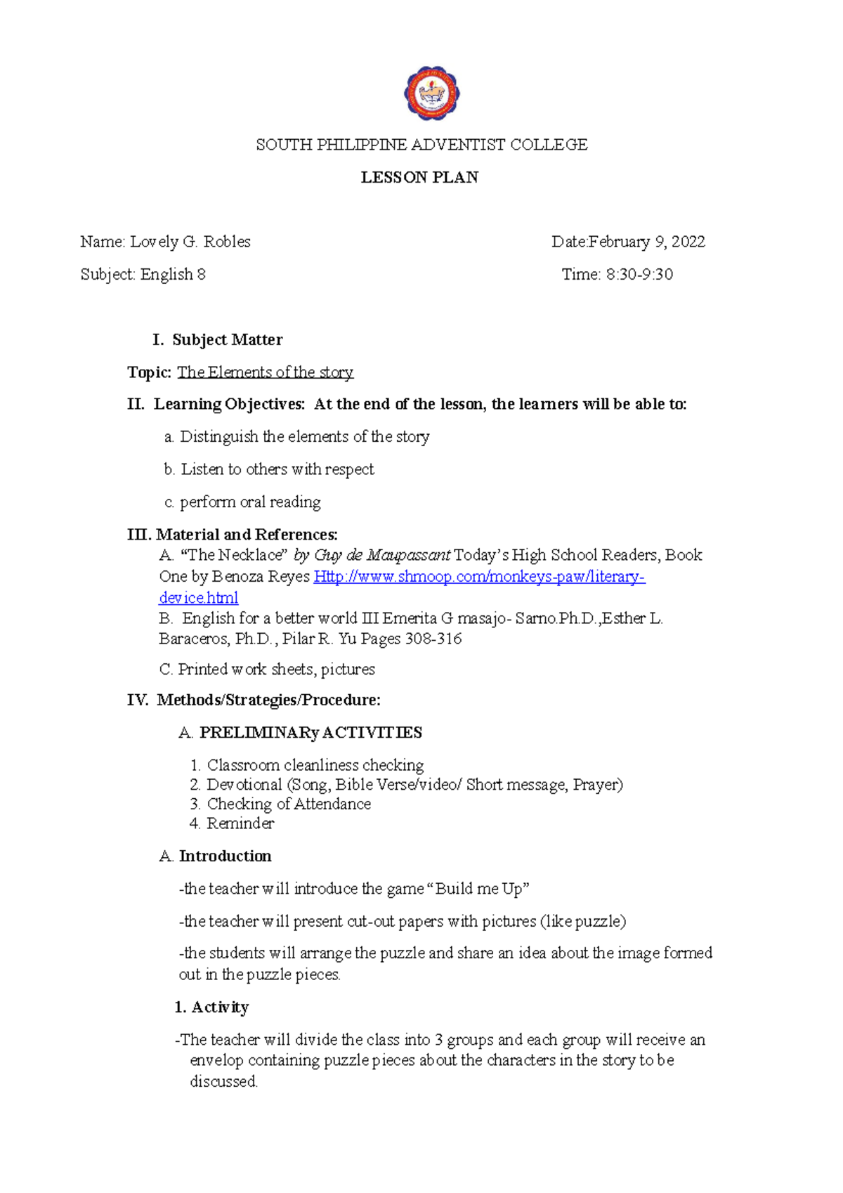 Semideatiled lesson plan in englih 8 elements of the story - SOUTH ...