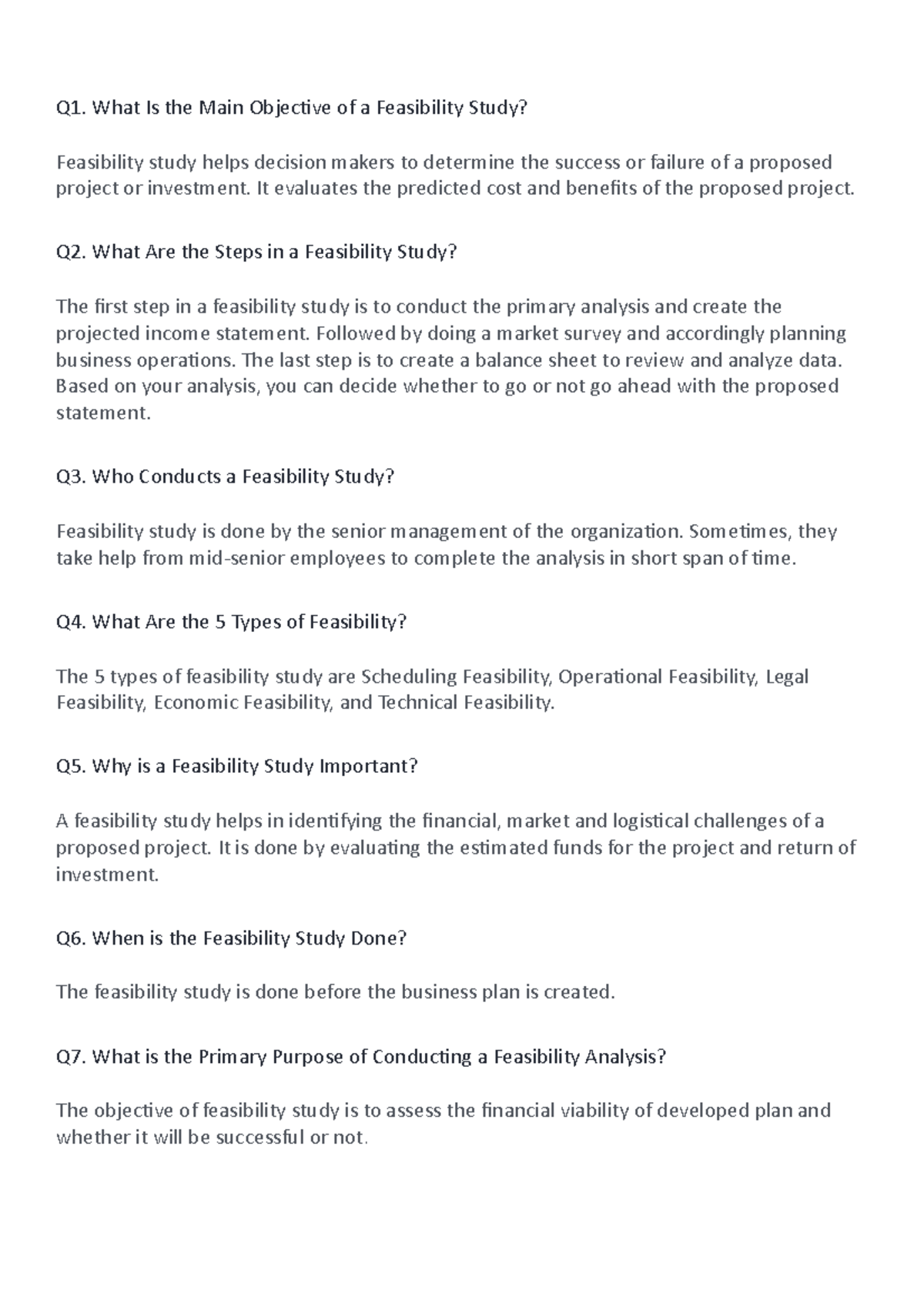 Answers - Q1. What Is the Main Objective of a Feasibility Study ...