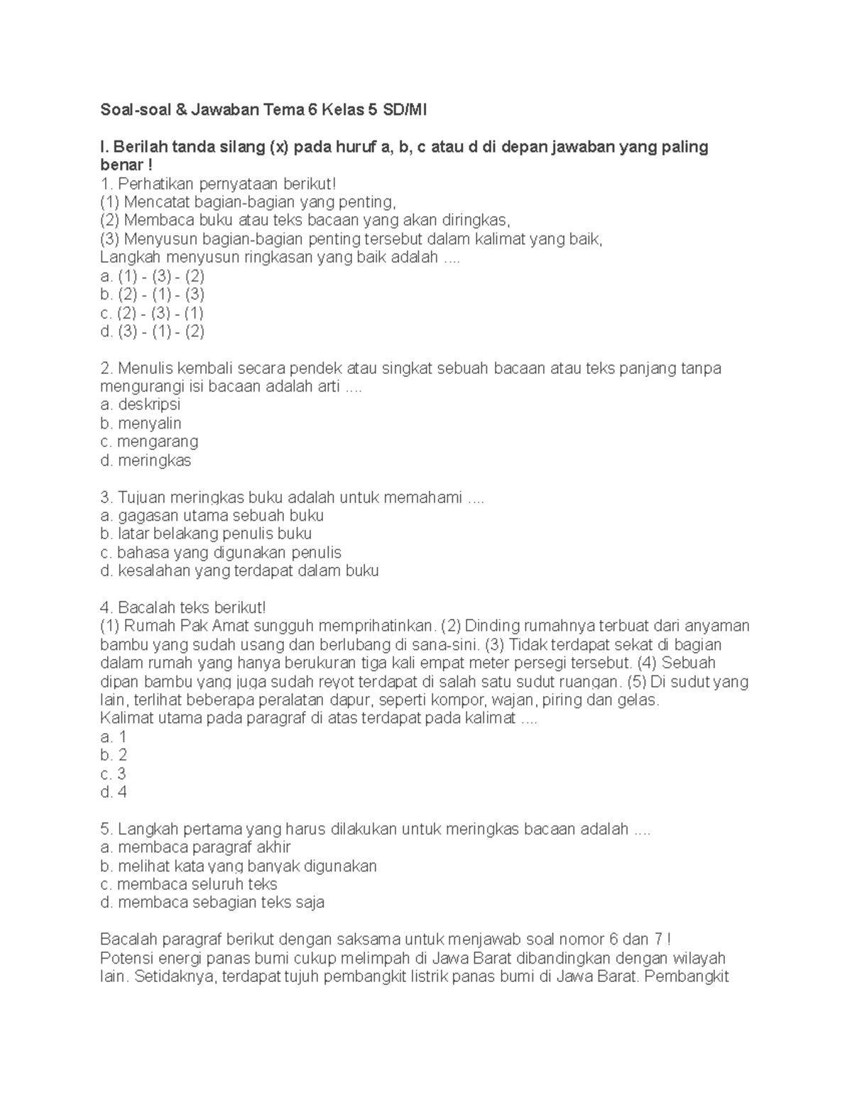 Soal tema 6 sd - Soal Tema 6 SD - Soal-soal & Jawaban Tema 6 Kelas 5 SD/MI I. Berilah tanda ...