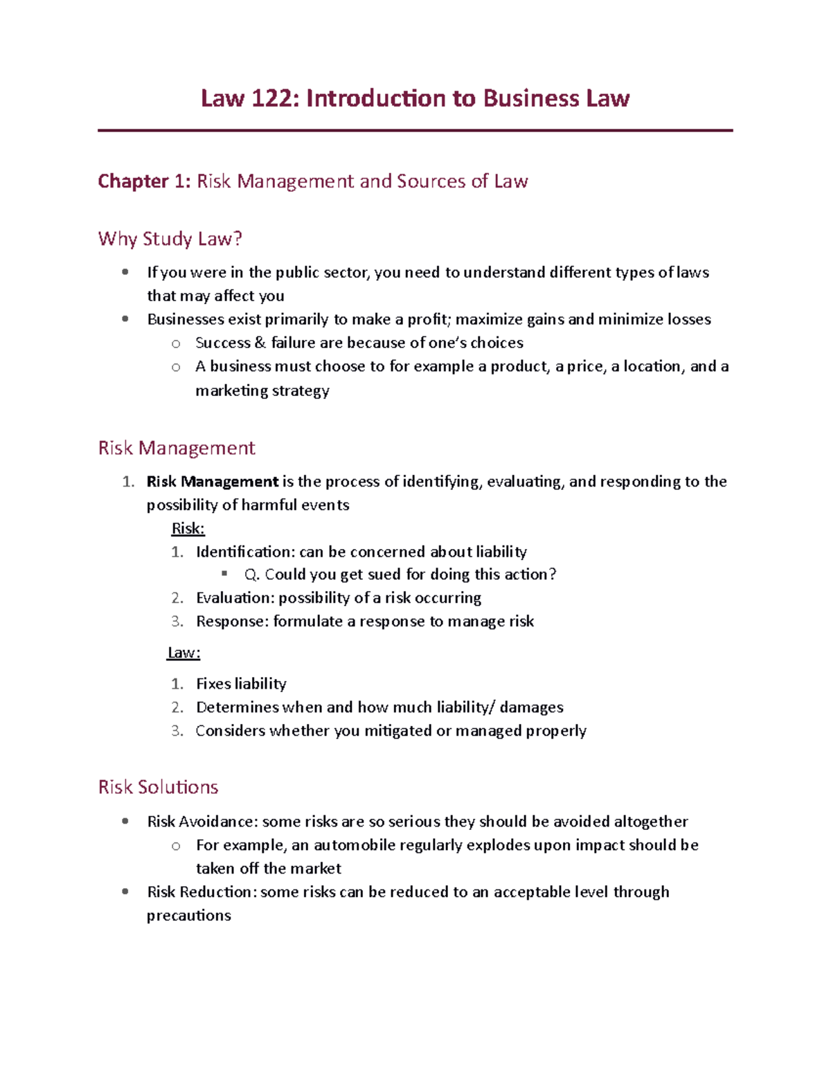Law 122 notes - Law 122: Introduction to Business Law Chapter 1: Risk ...