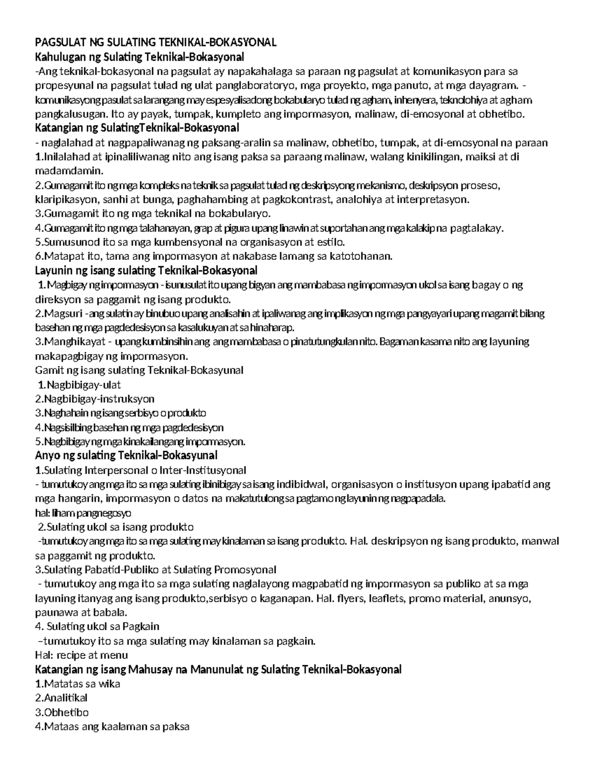 Hand out tvl 12 - PAGSULAT NG SULATING TEKNIKAL-BOKASYONAL Kahulugan ng ...
