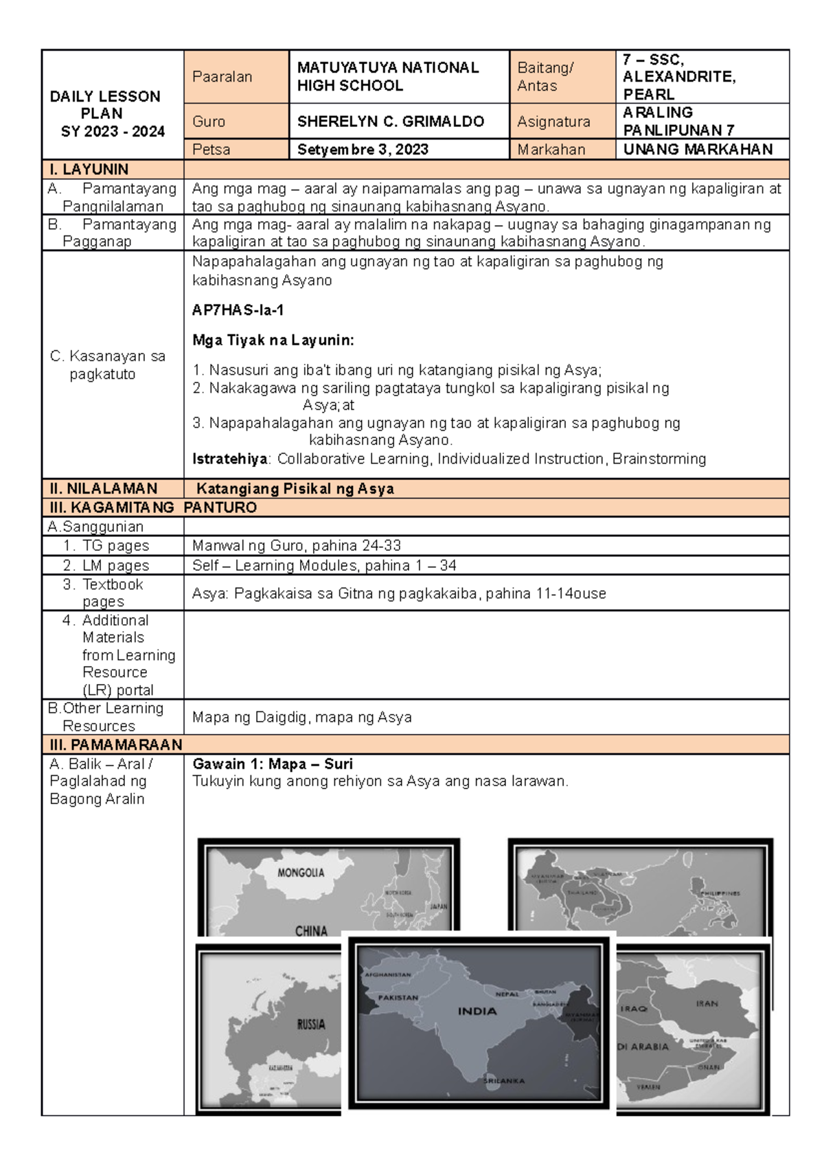 Sept. 3 - Katangiang Pisikal - Lupa,Tubig,Klima - DAILY LESSON PLAN SY ...