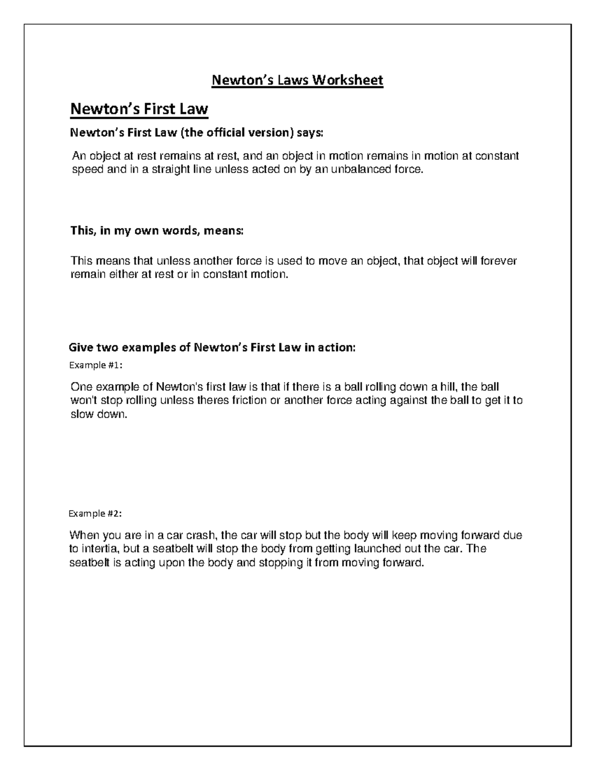 Newton's Laws Worksheet Fillable v2 - Newton’s Laws Worksheet Newton’s ...