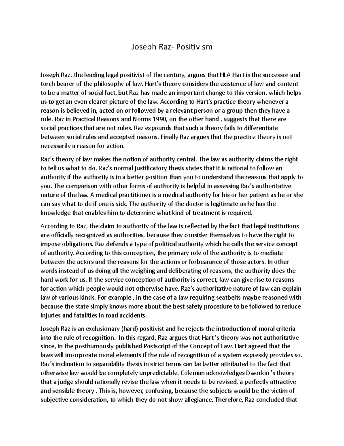 Joseph Raz New - Grade: A - Joseph Raz- Posiivism Joseph Raz, the ...