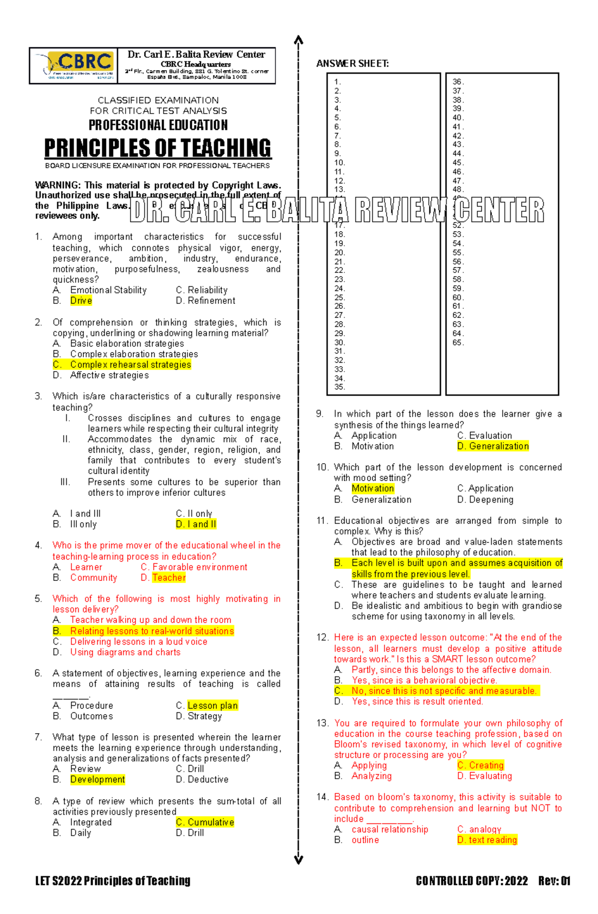 S2022 PROF ED Principles of Teaching - Dr. Carl E. Balita Review Center ...