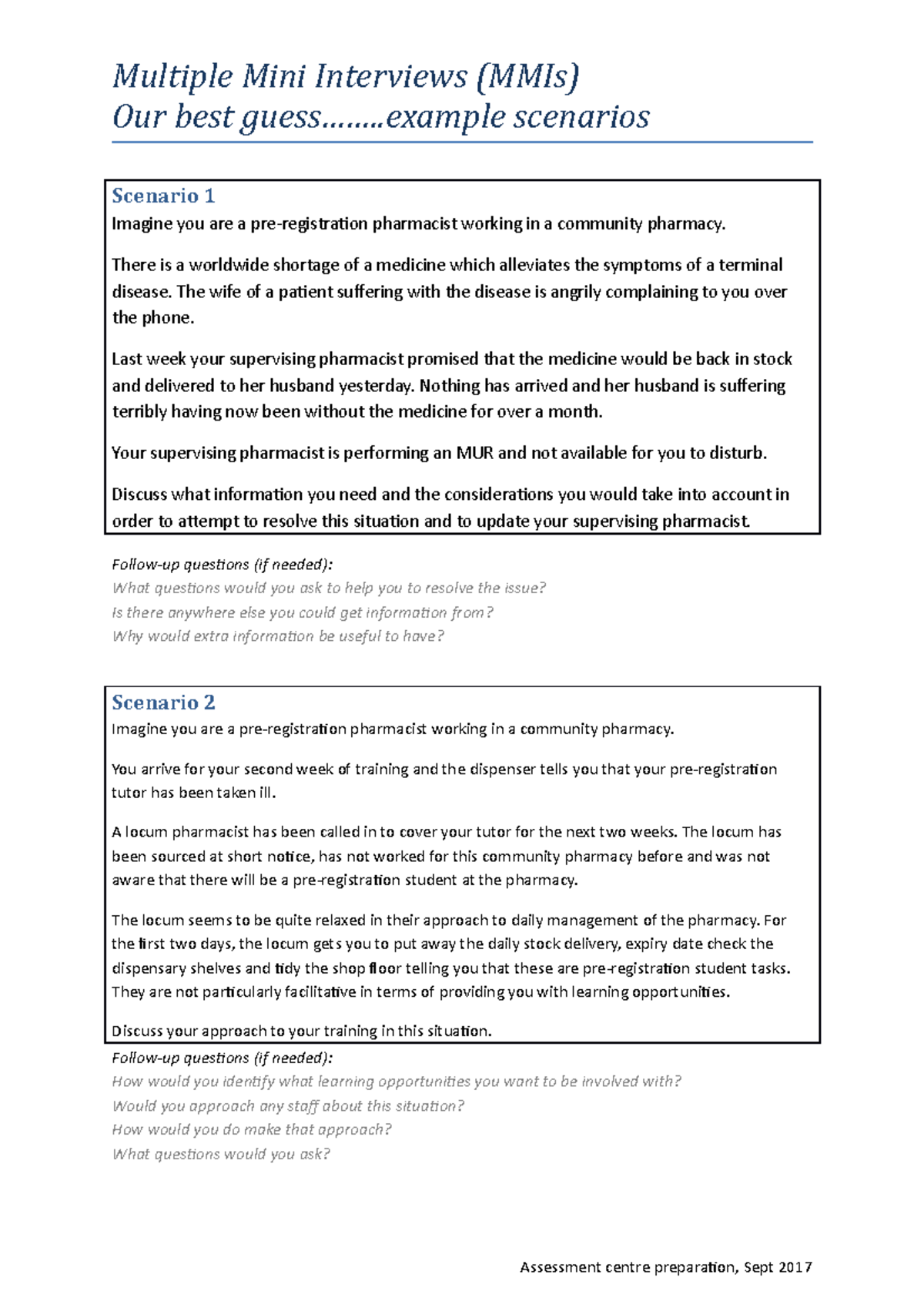 Multiple Mini Interviews sheets for break out rooms 2017 student ...