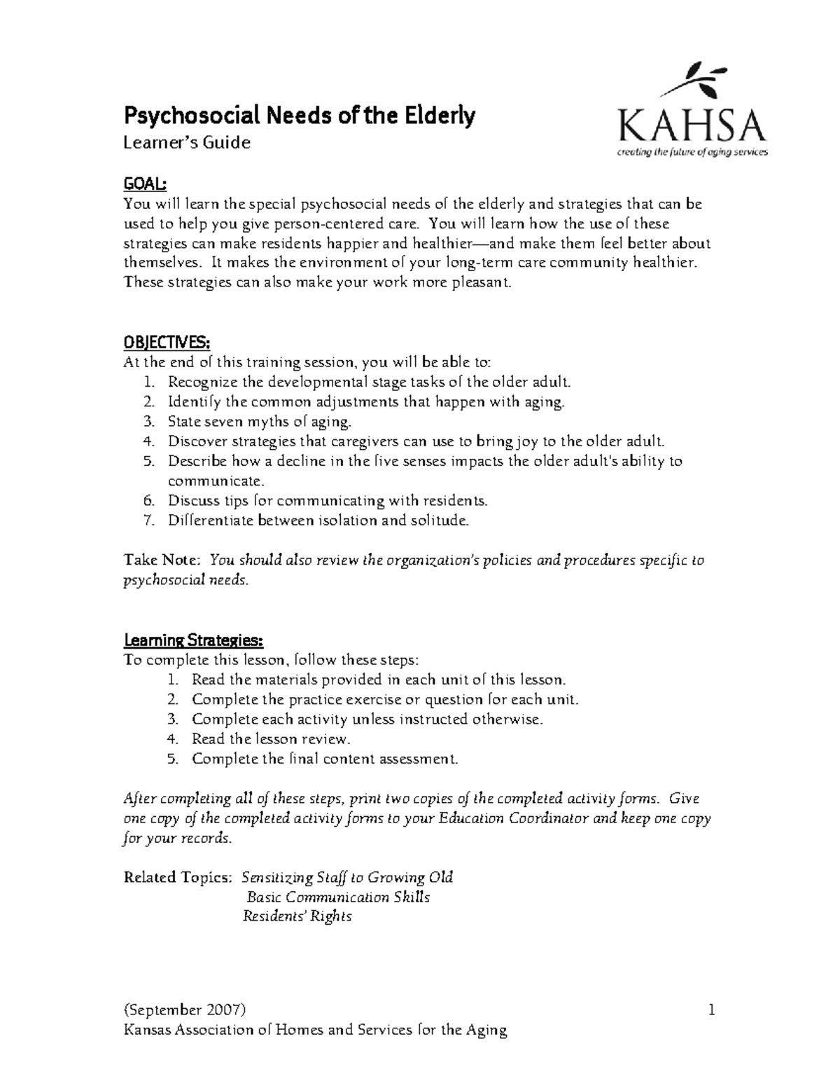 Psychosocial needs - Lecture notes 1 - Psychosocial Needs of the ...