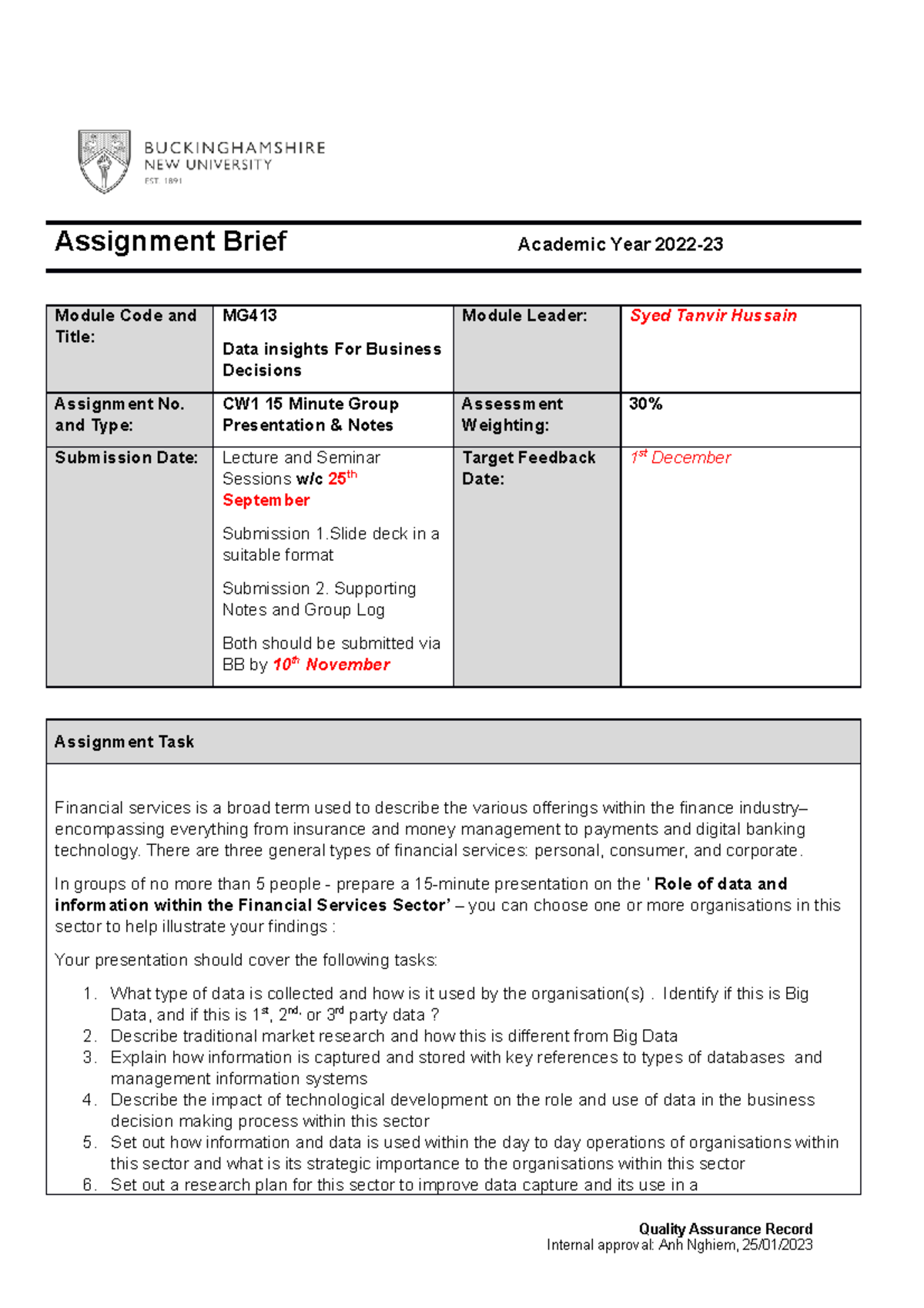 Data Insights for Business Decisions CW1 - Assignment Brief Academic Year 2022- Module Code and ...