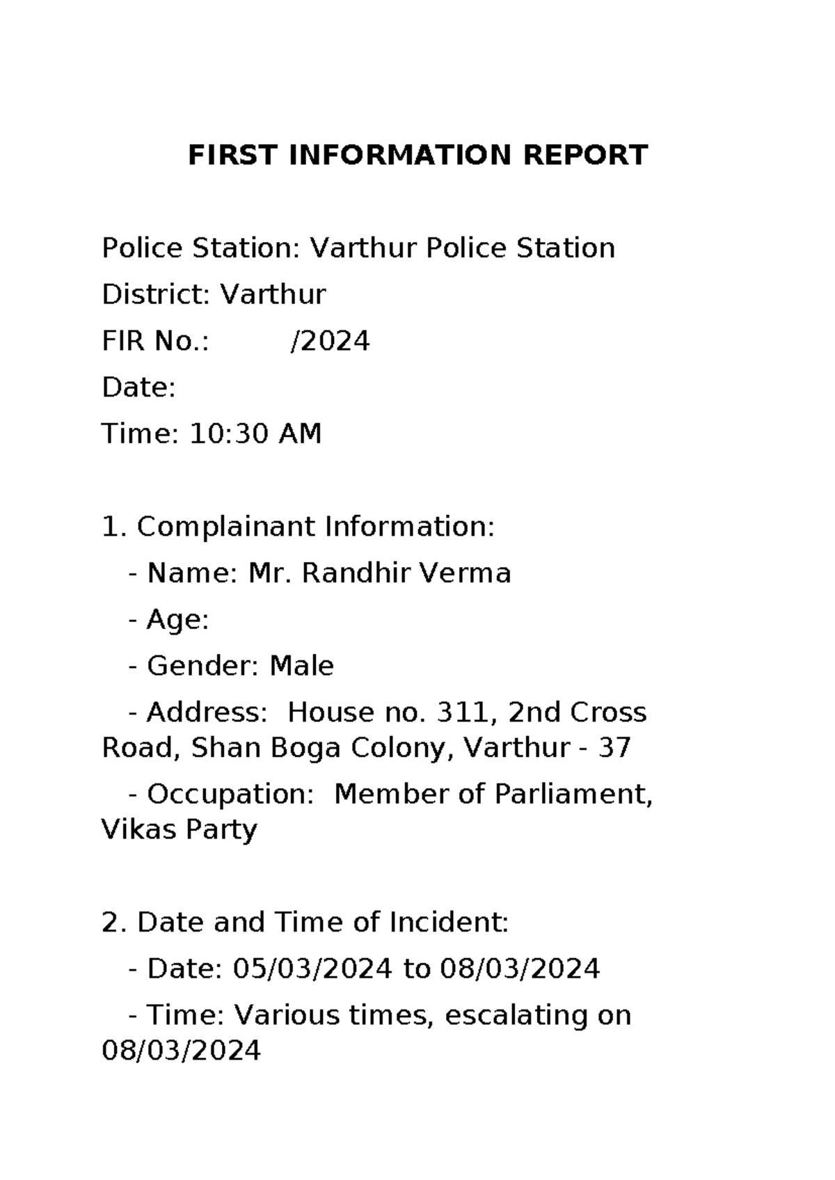 First Information Report - FIRST INFORMATION REPORT Police Station ...