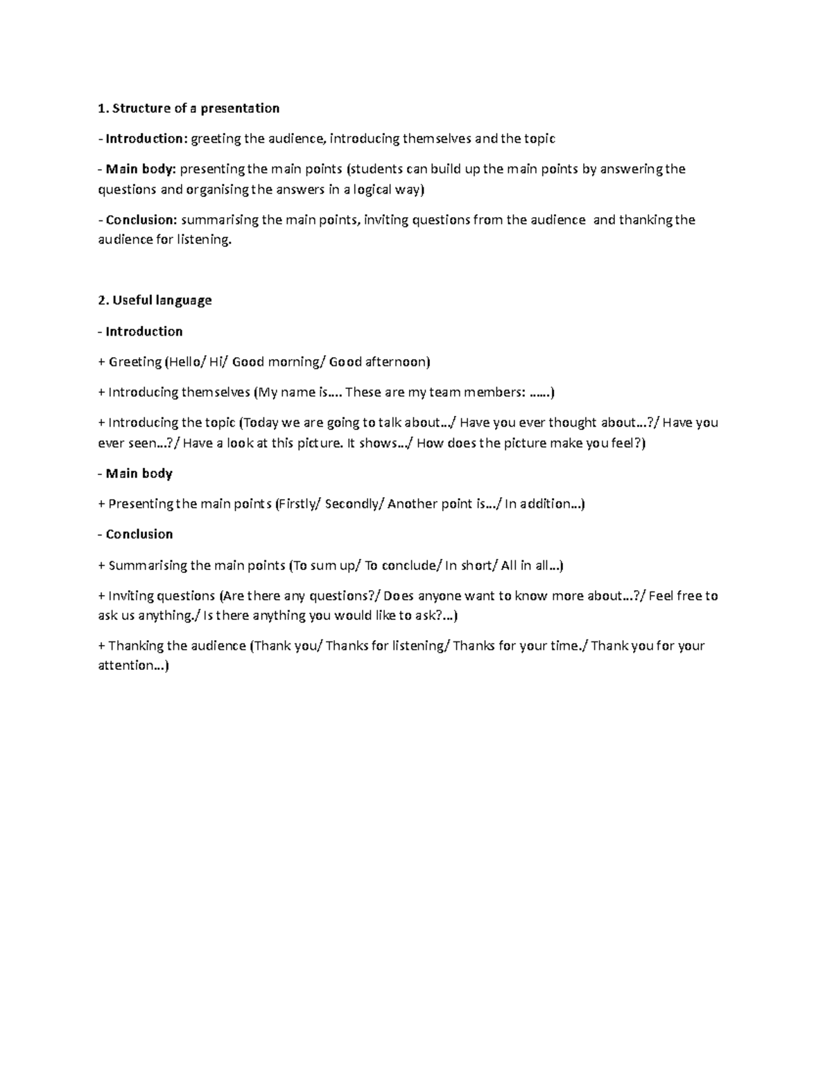 Presentation - Structure of a presentation Introduction: greeting the ...