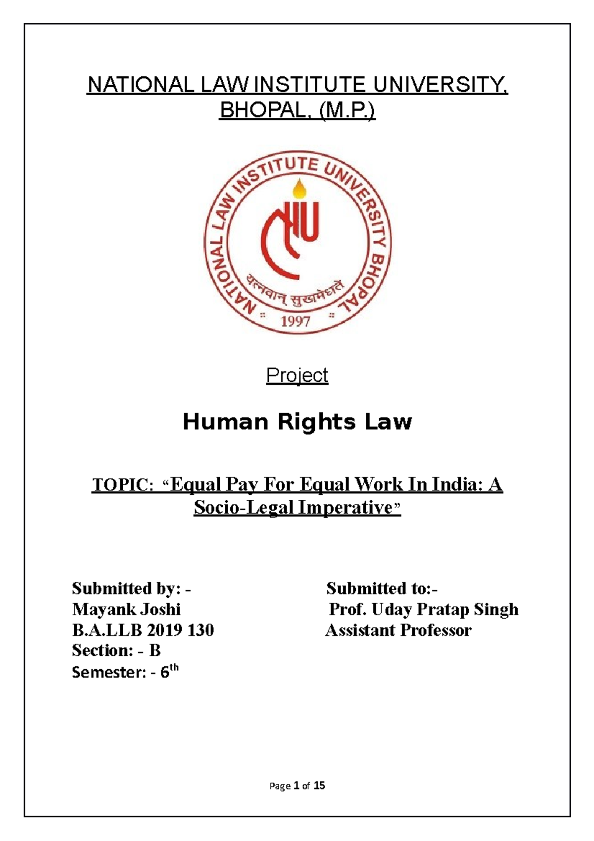 Project FOR ( Human Rights LAW), ( Semester VI ) END TERM - NATIONAL ...