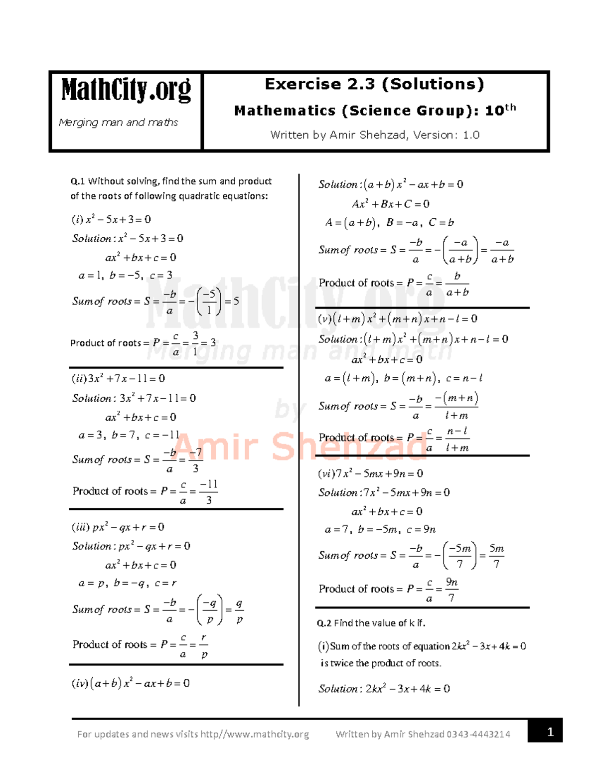 Exercise 2.3 (Mathematics (Science Group) 10th - MathCity Merging man and maths Exercise 2 - Studocu