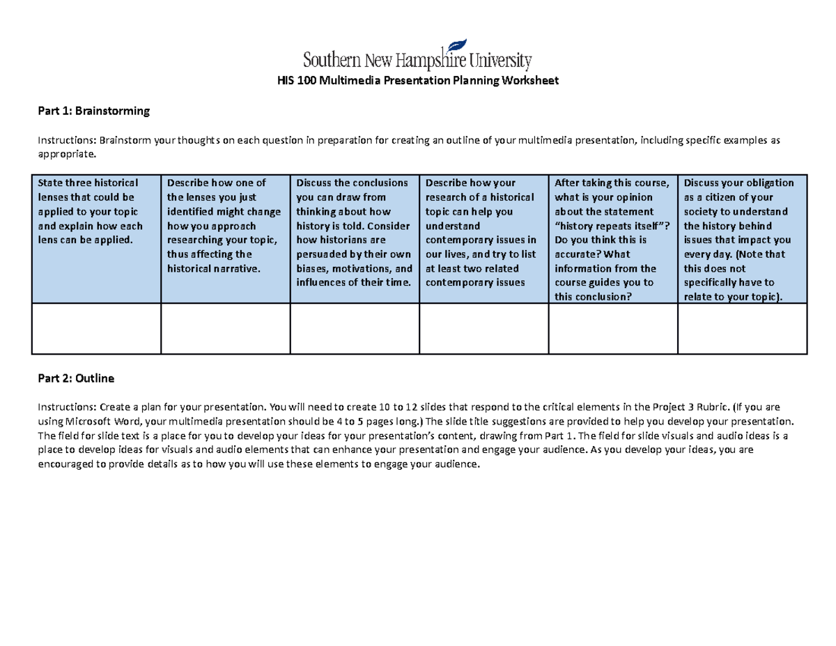 HIS 100 Multimedia Presentation Planning Worksheet - State three ...