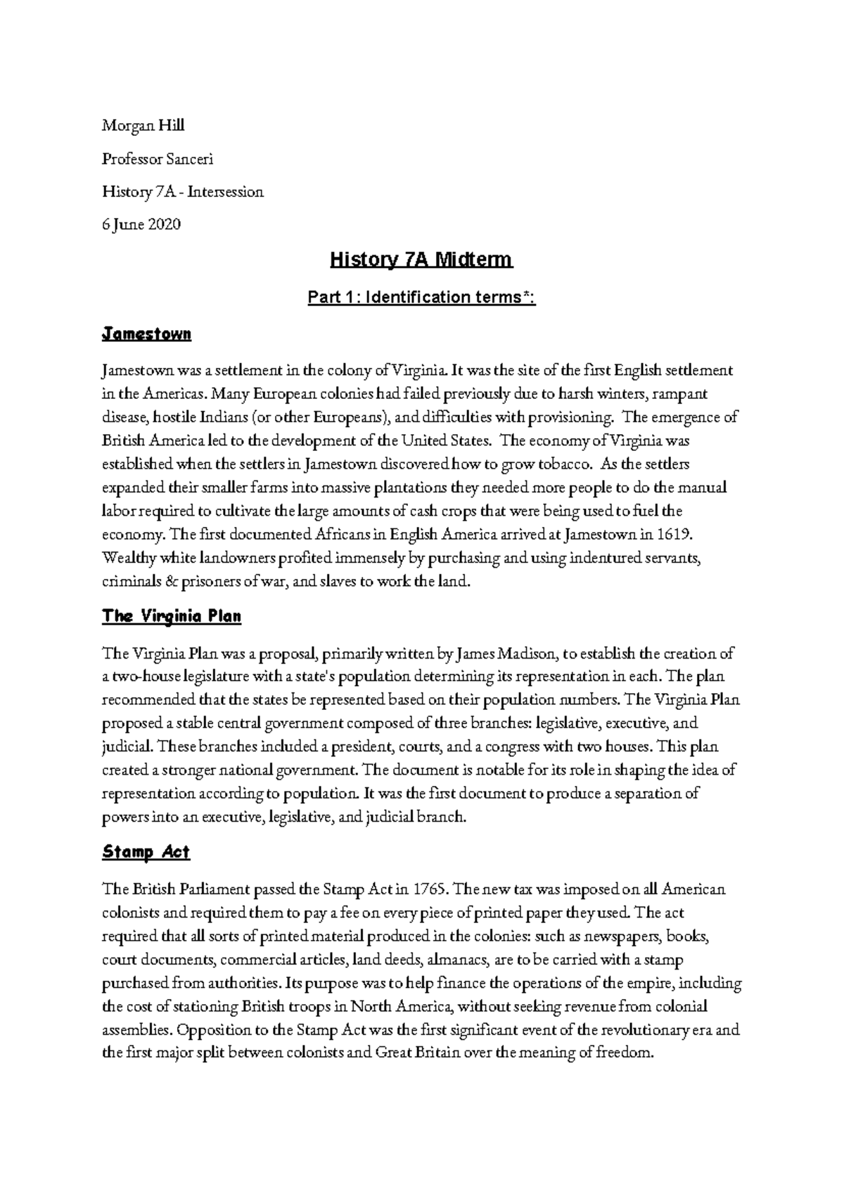 History 7A Mideterm - Grade: A - Morgan Hill Professor Sanceri History ...
