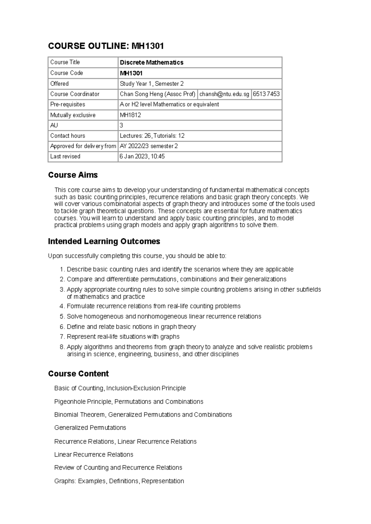 MH1301-SPMS-MAS - MH1301 - COURSE OUTLINE: MH Course Title Discrete ...