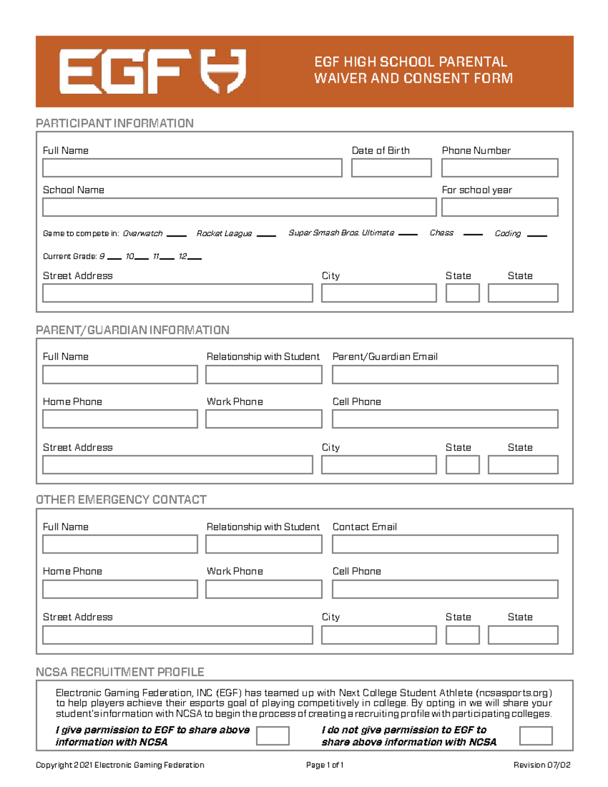 EGFH Player Consent Form - Copyright 2021 Electronic Gaming Federation ...