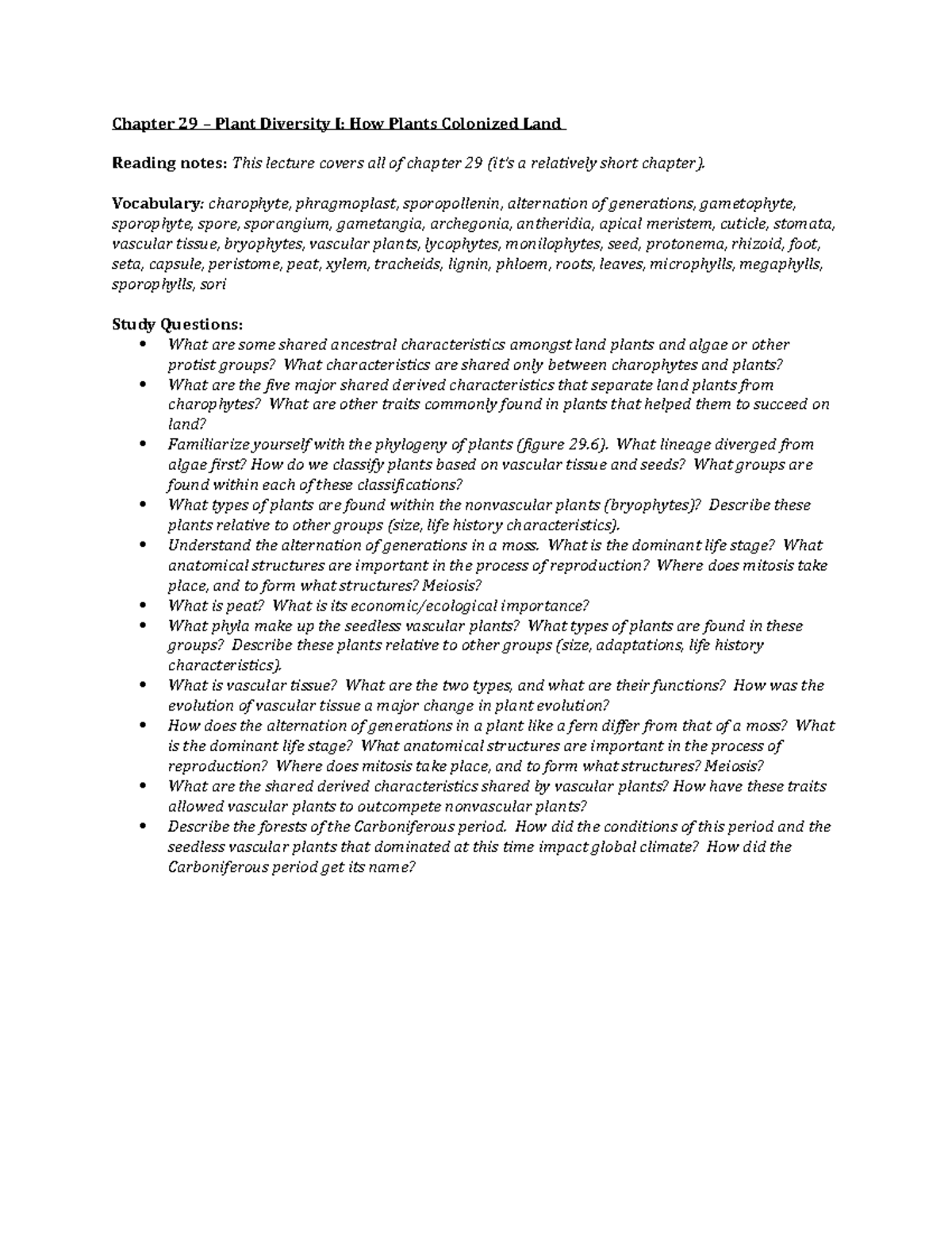 Study Guide 29 - Notes for Exams 1,2,3,4 and Final - Chapter 29 – Plant ...
