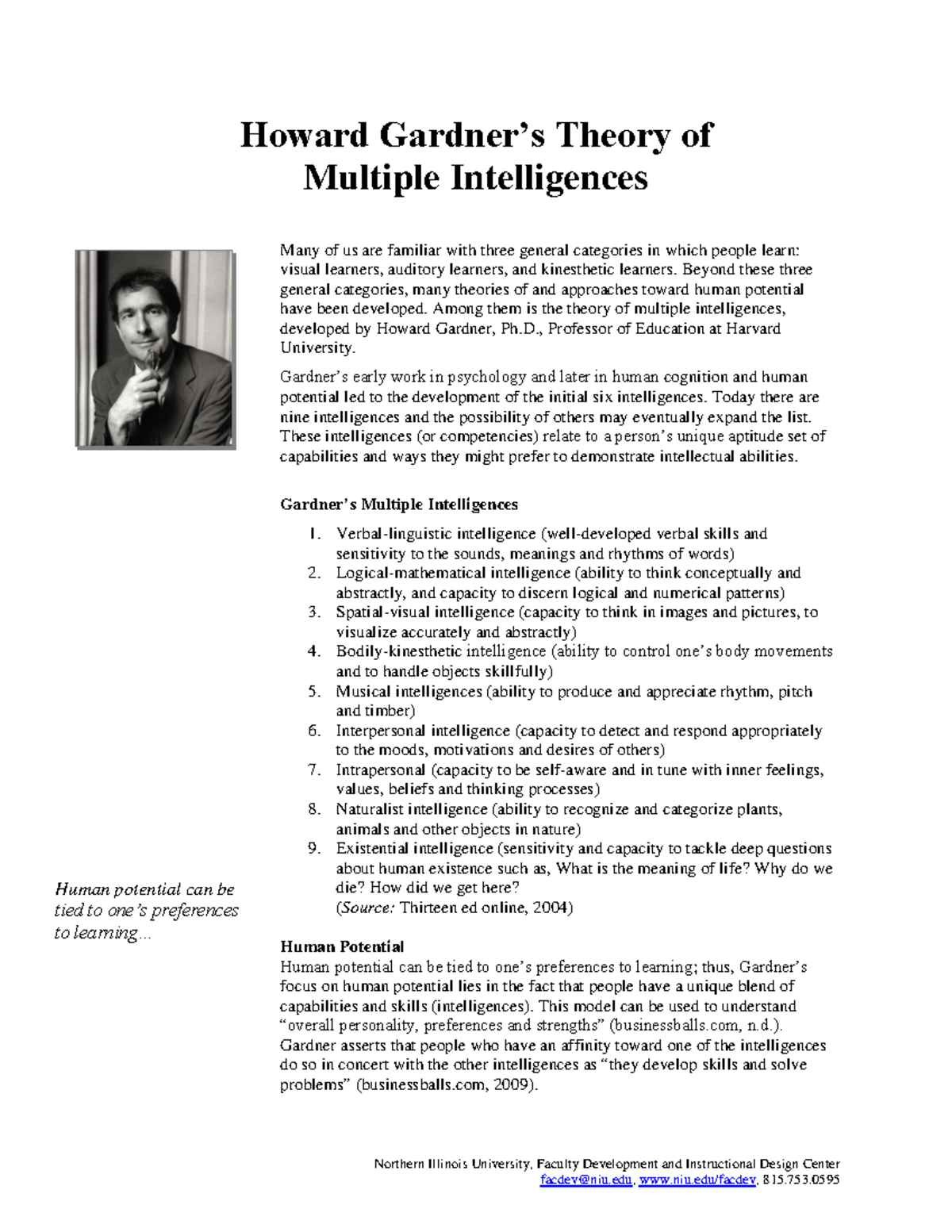 Howard Gardner Theory of Multiple Intelligence - Northern Illinois ...