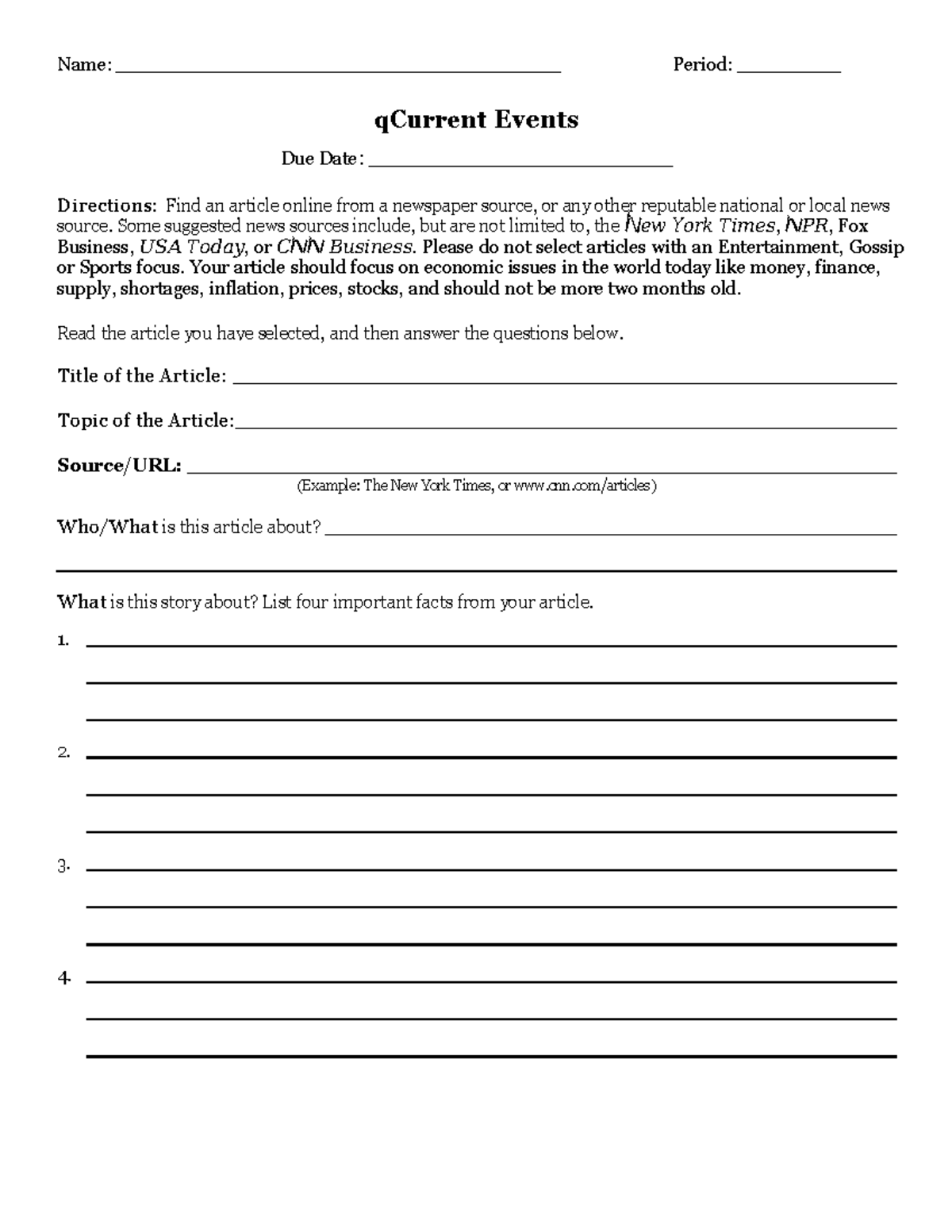 Current Events Worksheet-1h - Name: Period: qCurrent Events Due Date ...
