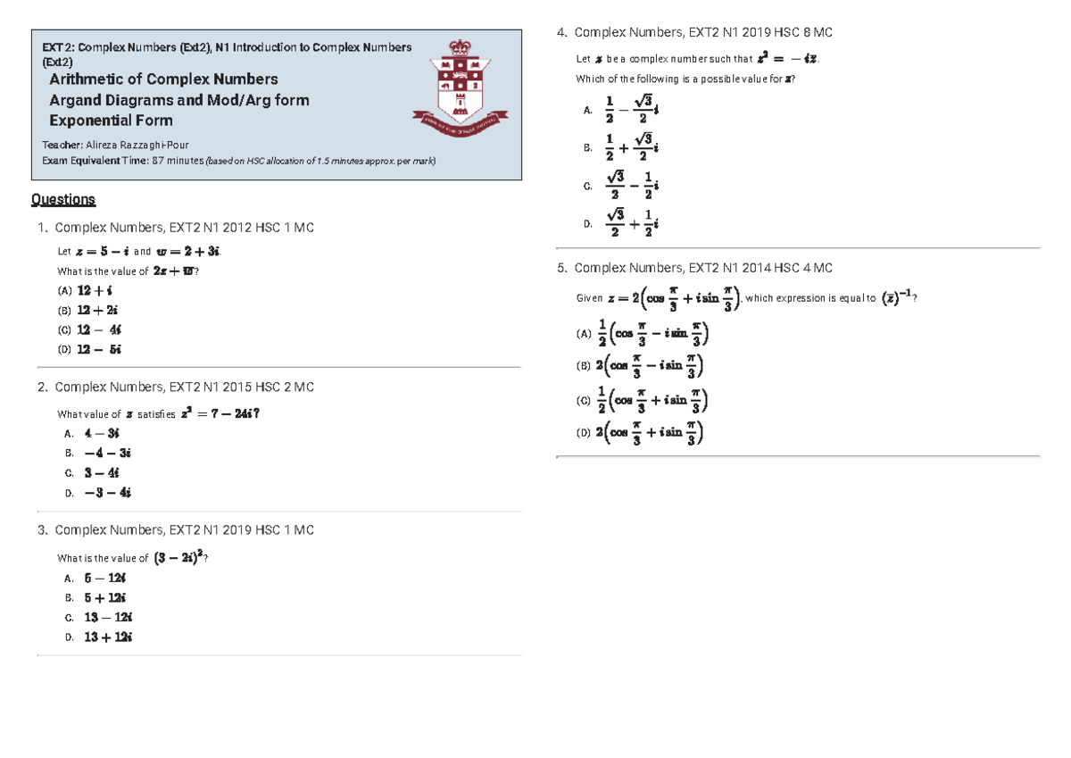 Complex Numbers - 1. Complex Numbers, EXT2 N1 2012 HSC 1 MC 2. Complex ...