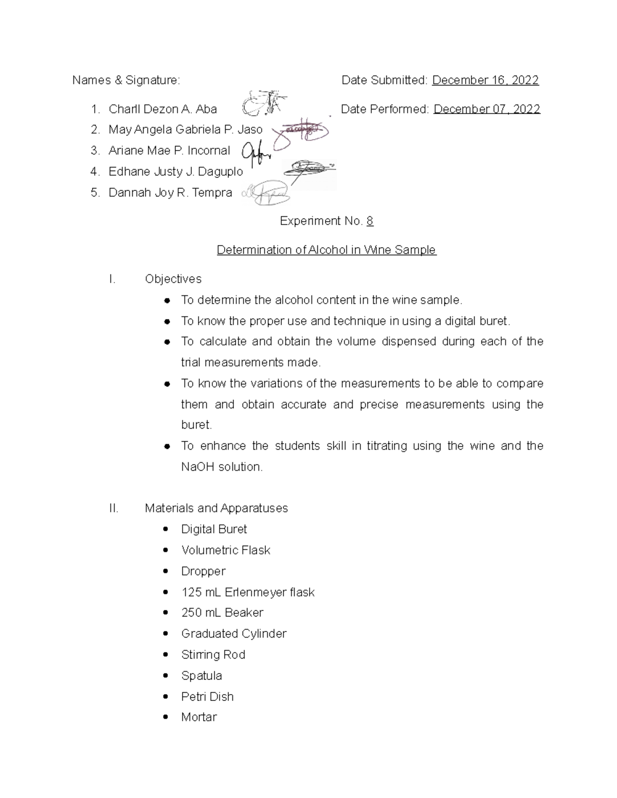 Chem Lab Activity #8 - assignment - Names & Signature: Date Submitted ...
