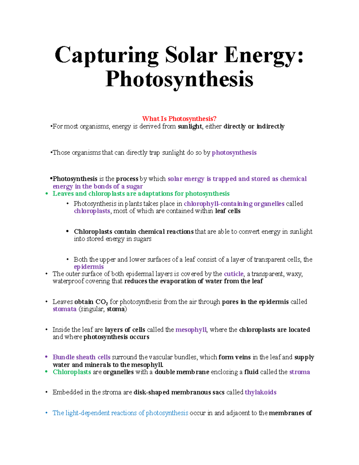 BIO 1101 - Lecture 9 - Capturing Solar Energy: Photosynthesis What Is ...