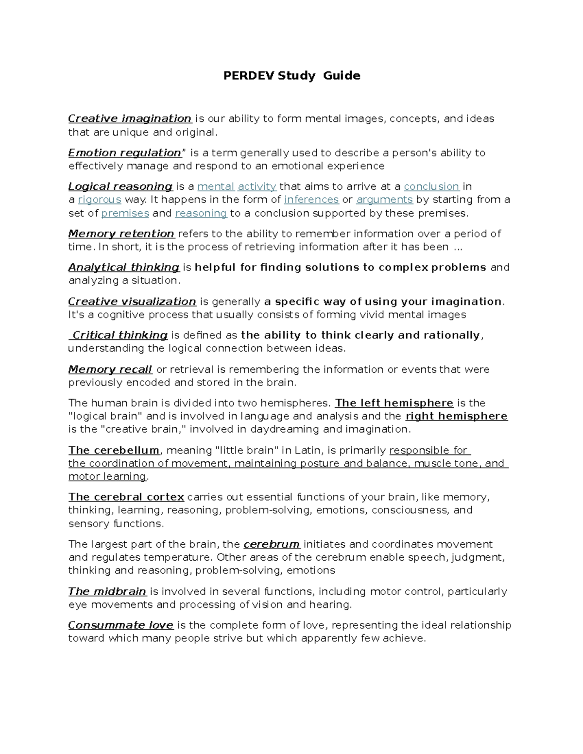 Personal Development study guide 2nd quarter - PERDEV Study Guide Creative imagination is our ...