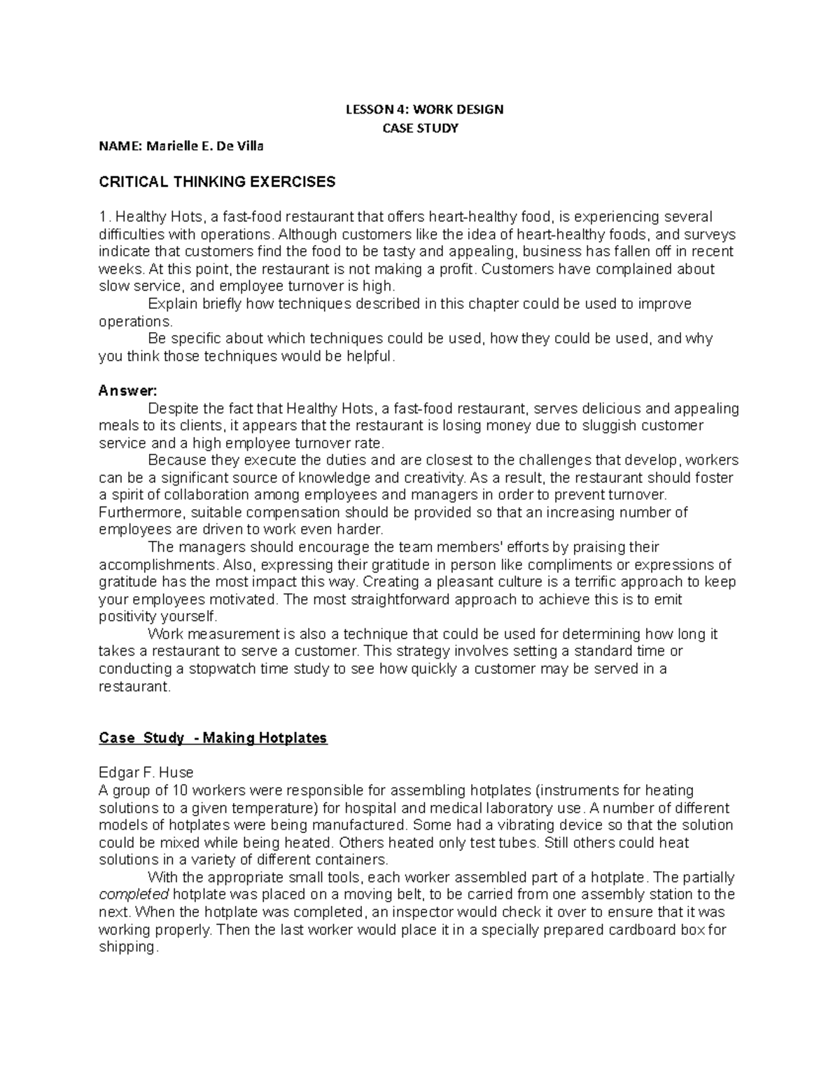 Case study - lessons for work design activity- Critical thinking ...