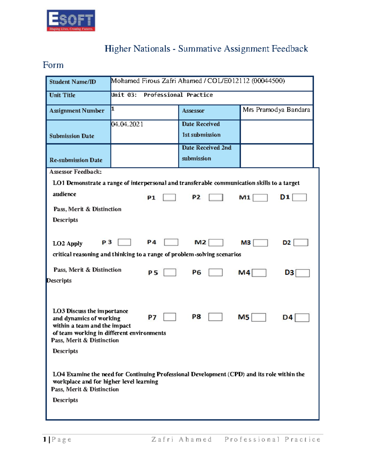 Professional Practice ( Zafri) - Higher Nationals - Summative Assignment Feedback Form Student ...