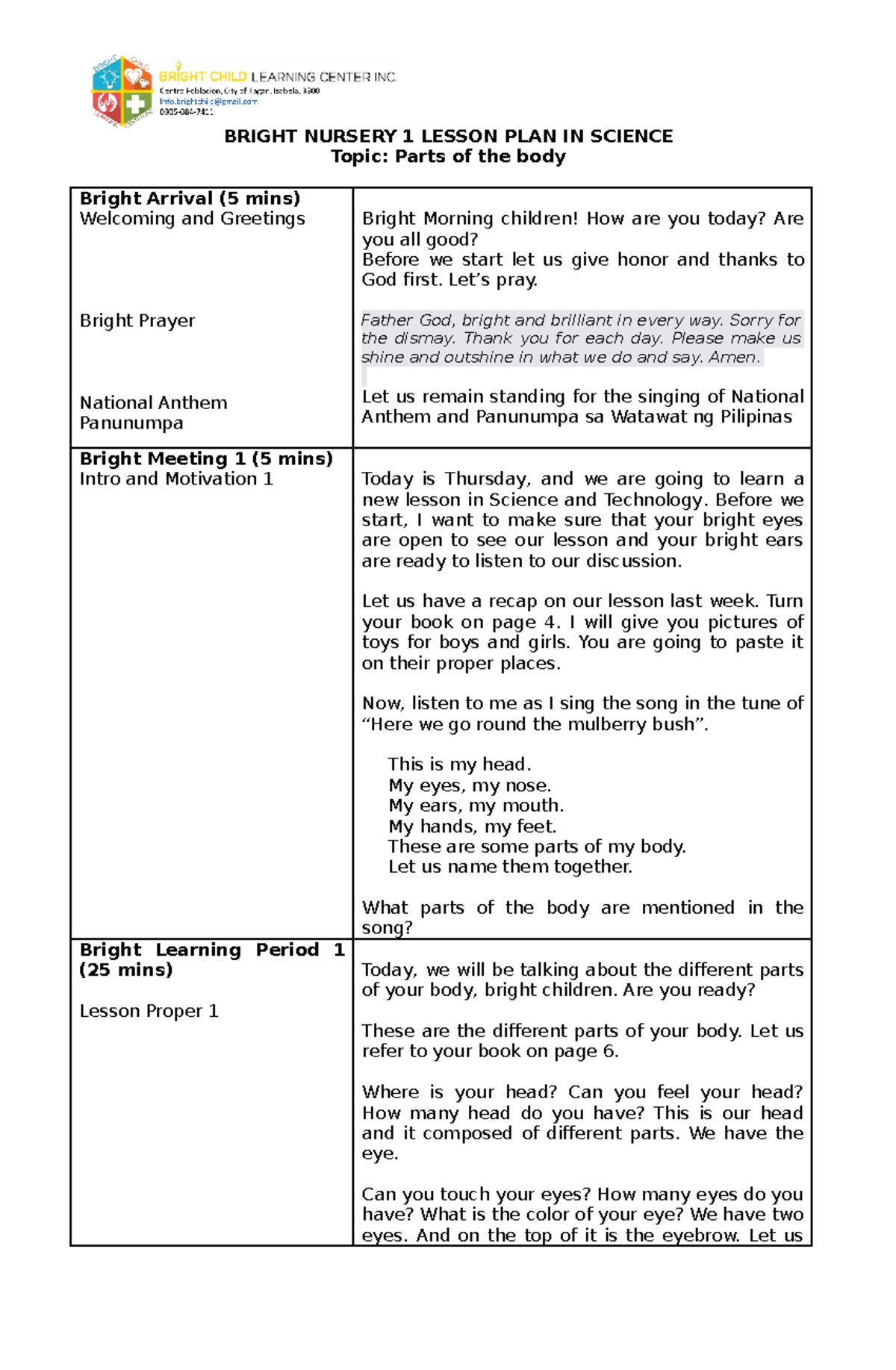 BN2BN1 Science WEEK 2 - Lesson plan - BRIGHT NURSERY 1 LESSON PLAN IN ...