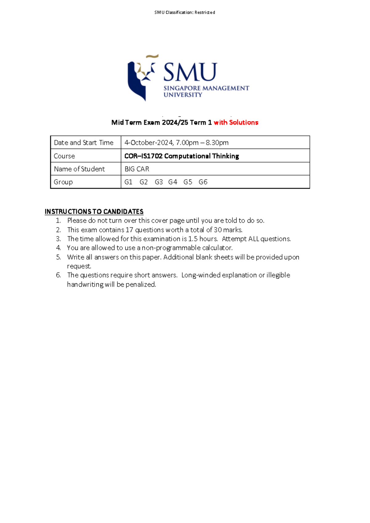 CT mid term 24 25T1 with Solutions - School of Computing & Information ...