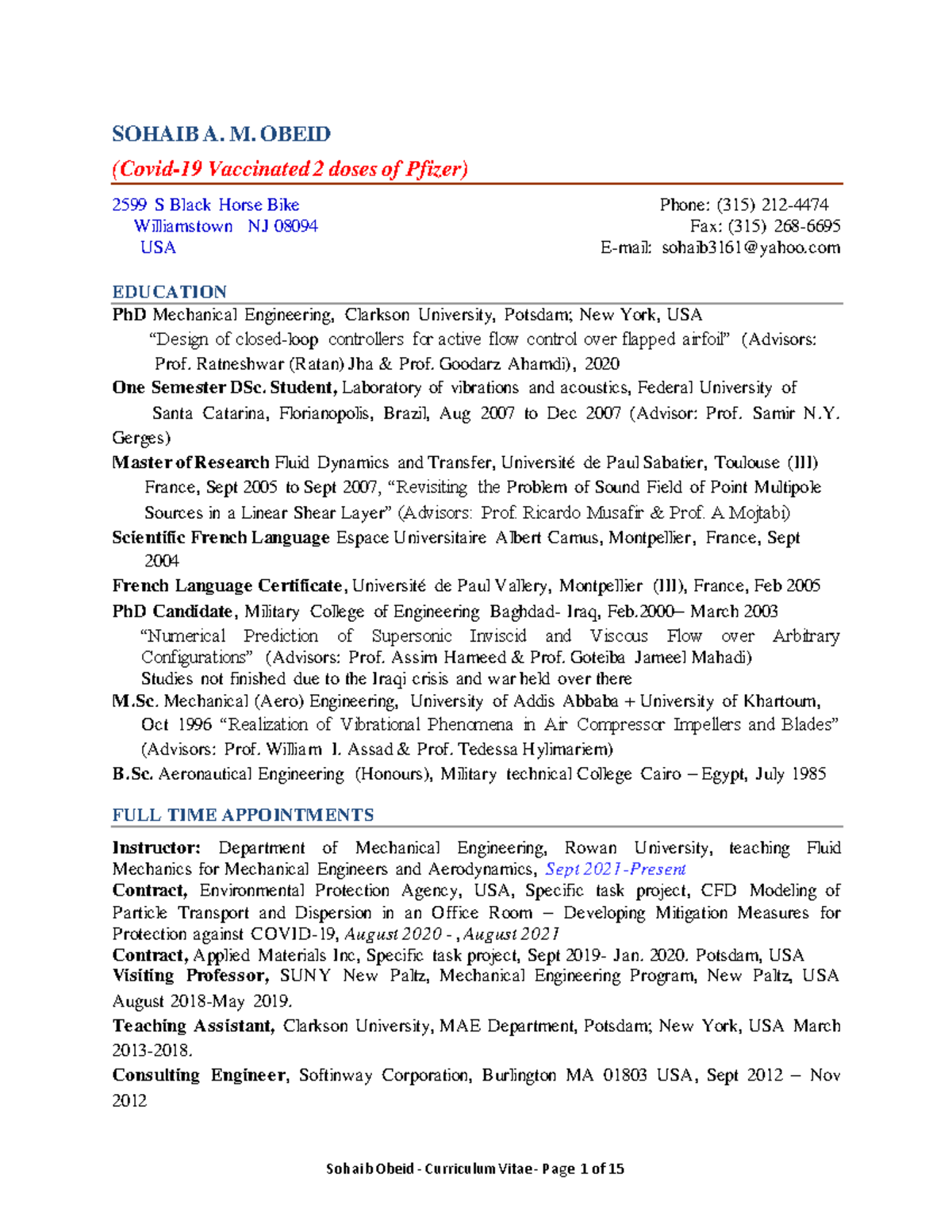 Sohaib Obeid CV Sept. 2021 - SOHAIB A. M. OBEID (Covid-19 Vaccinated 2 ...