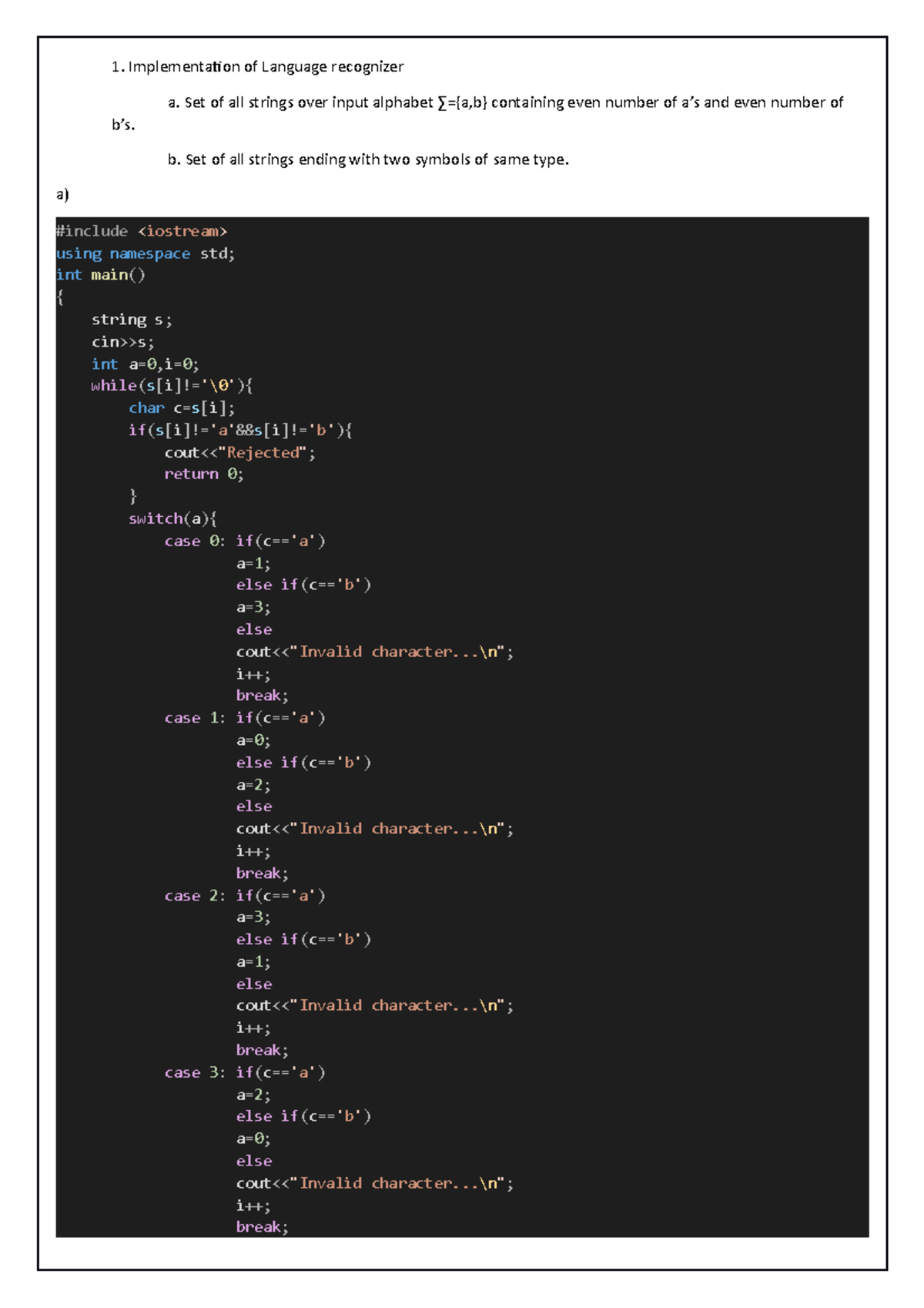 Cd lab - Weekly assignment - Implementation of Language recognizer a. Set of all strings over ...
