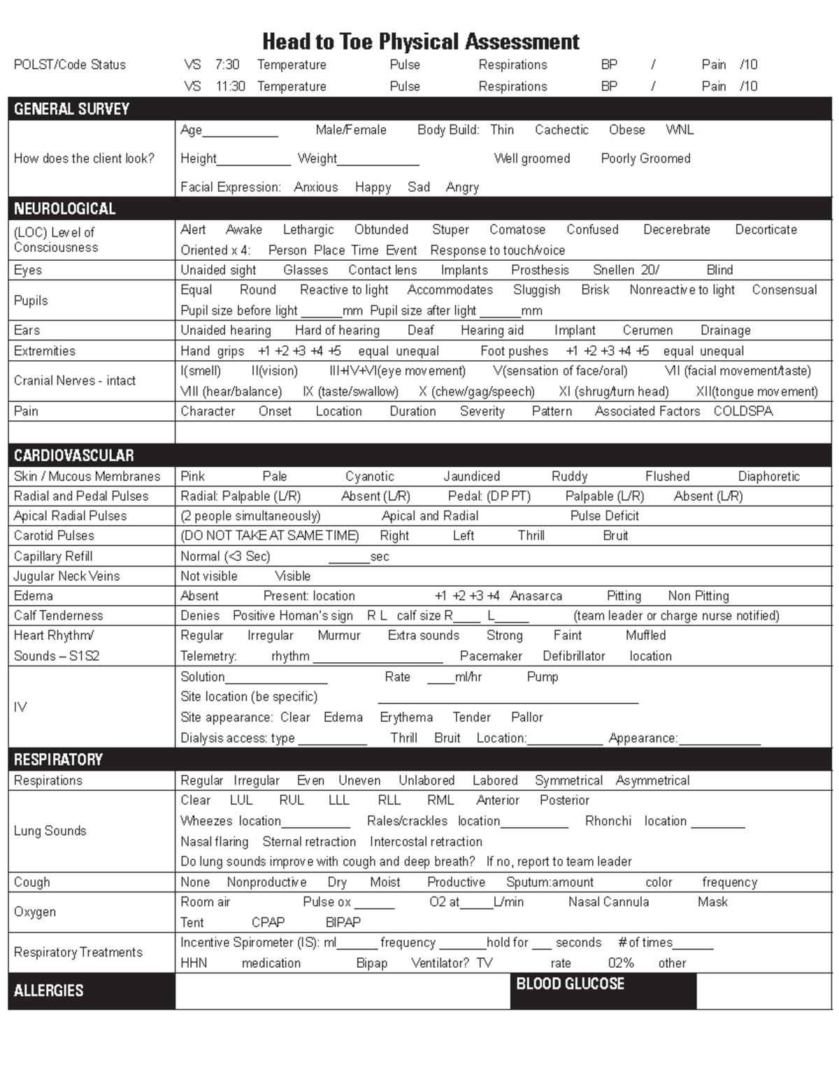 Head to Toe - Head to toe assessment practice sheet - Head to Toe ...