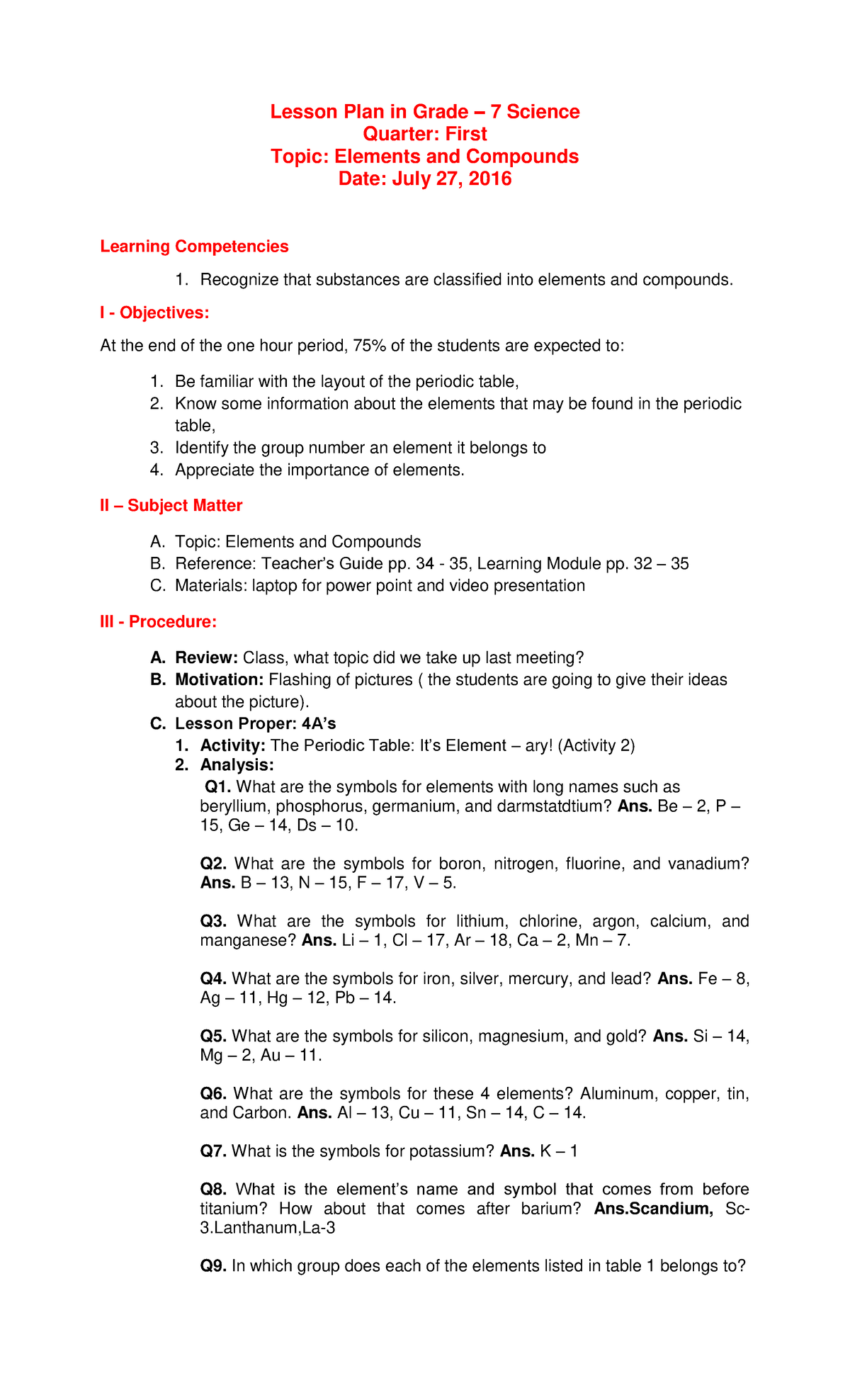Elements and compound LP - Lesson Plan in Grade – 7 Science Quarter ...